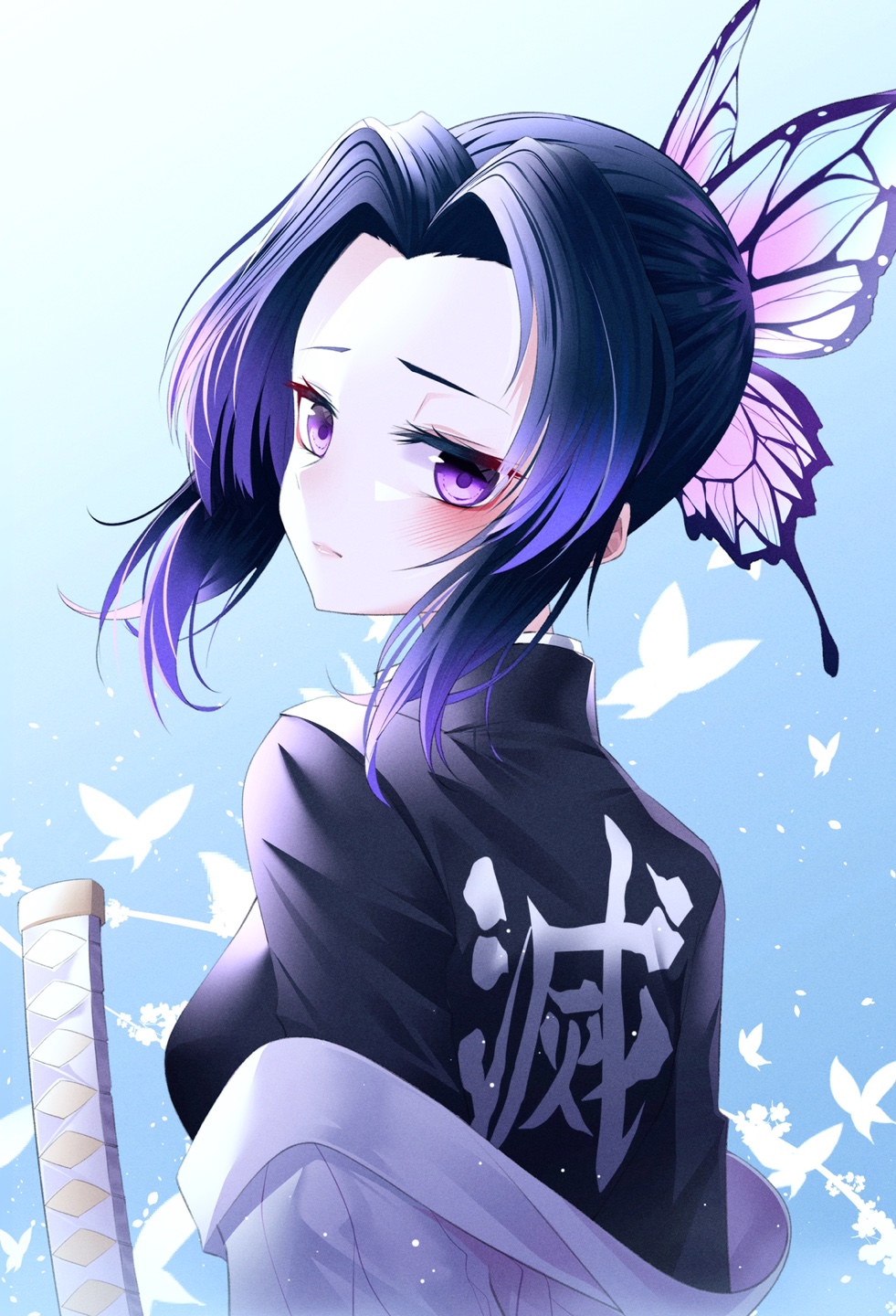Safebooru - 1girl black jacket blue hair blush bug butterfly butterfly hair ornament closed ...