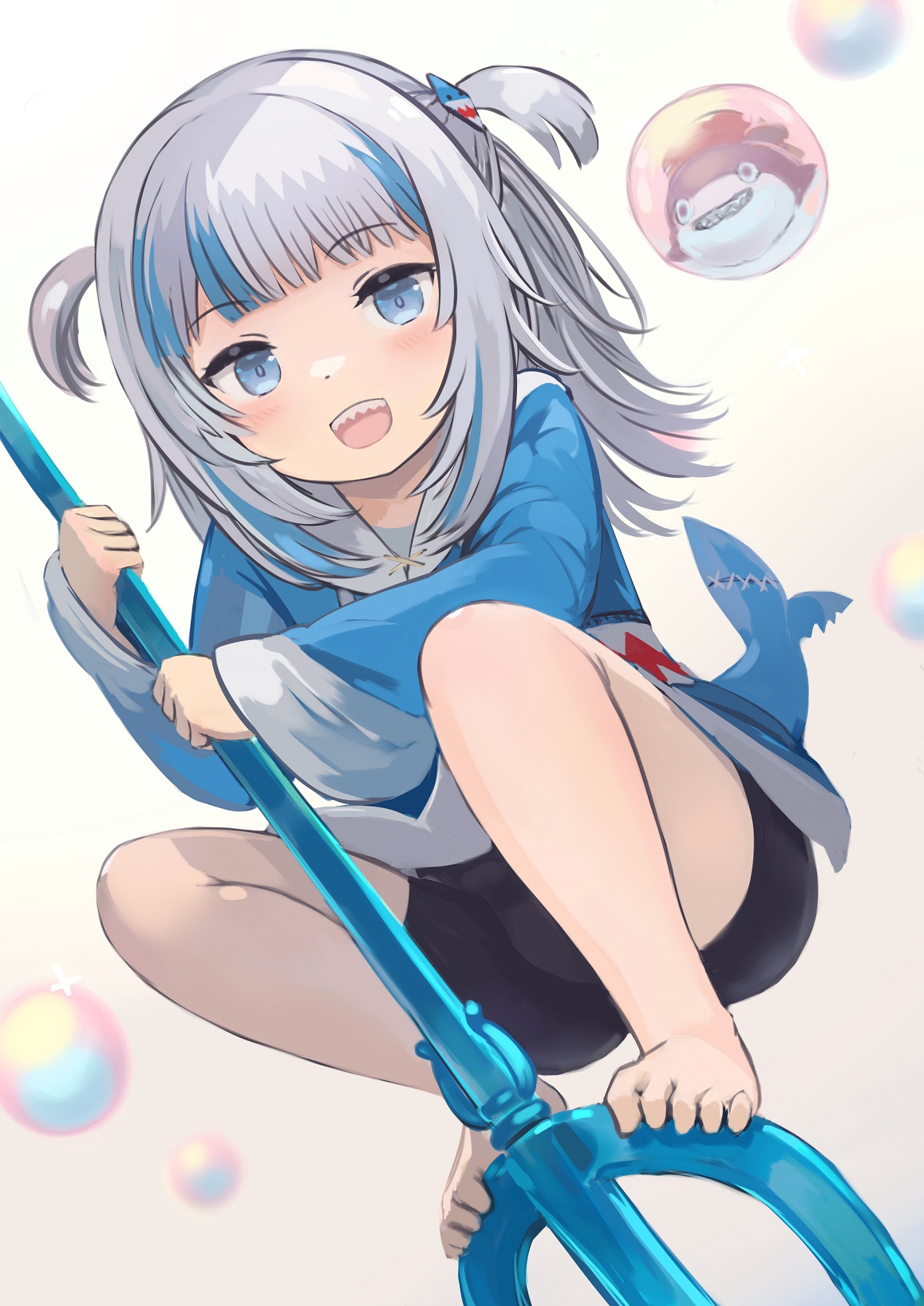 Safebooru - 1girl :d bangs barefoot bike shorts bloop (gawr gura) blue eyes blue hair blunt ...