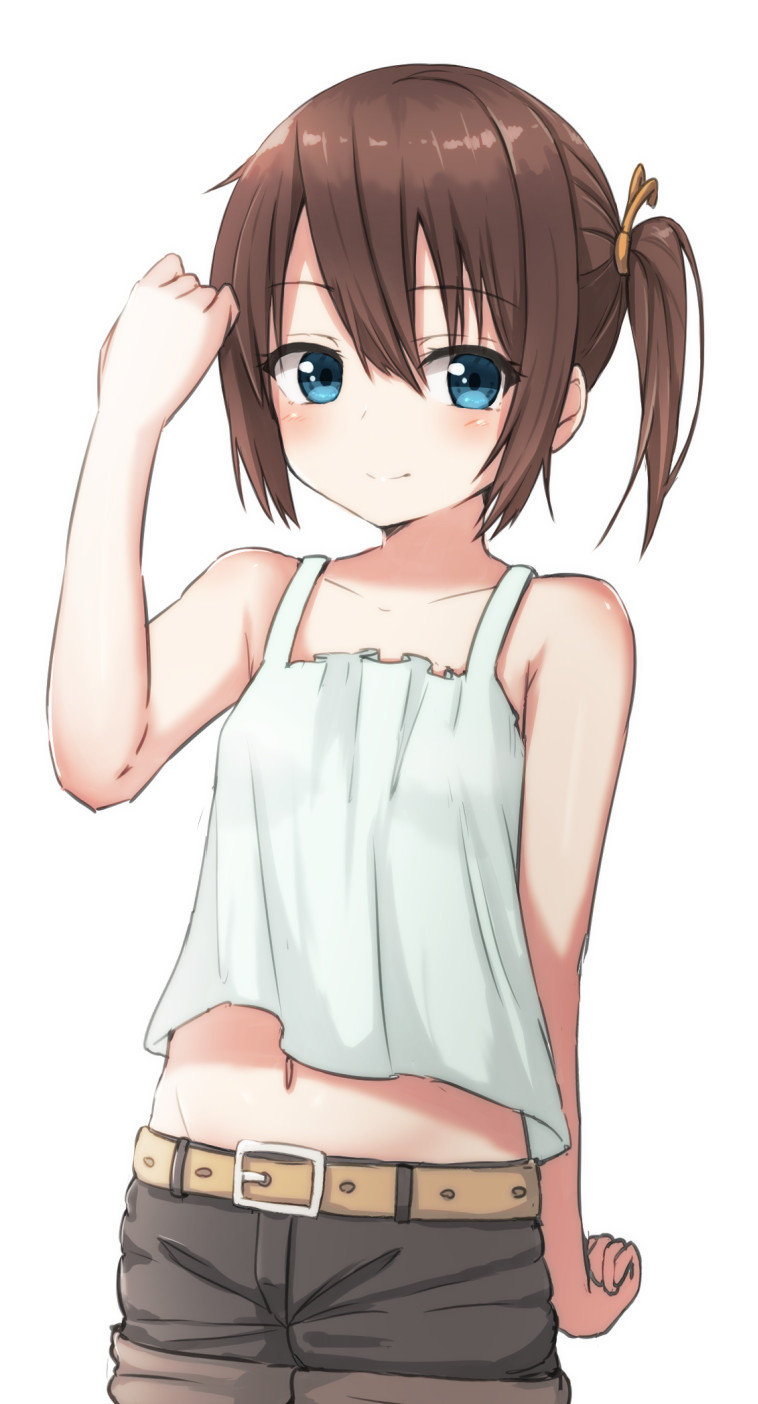 Safebooru - 1girl arm up bangs bare arms bare shoulders belt black shorts blue eyes blush brown ...