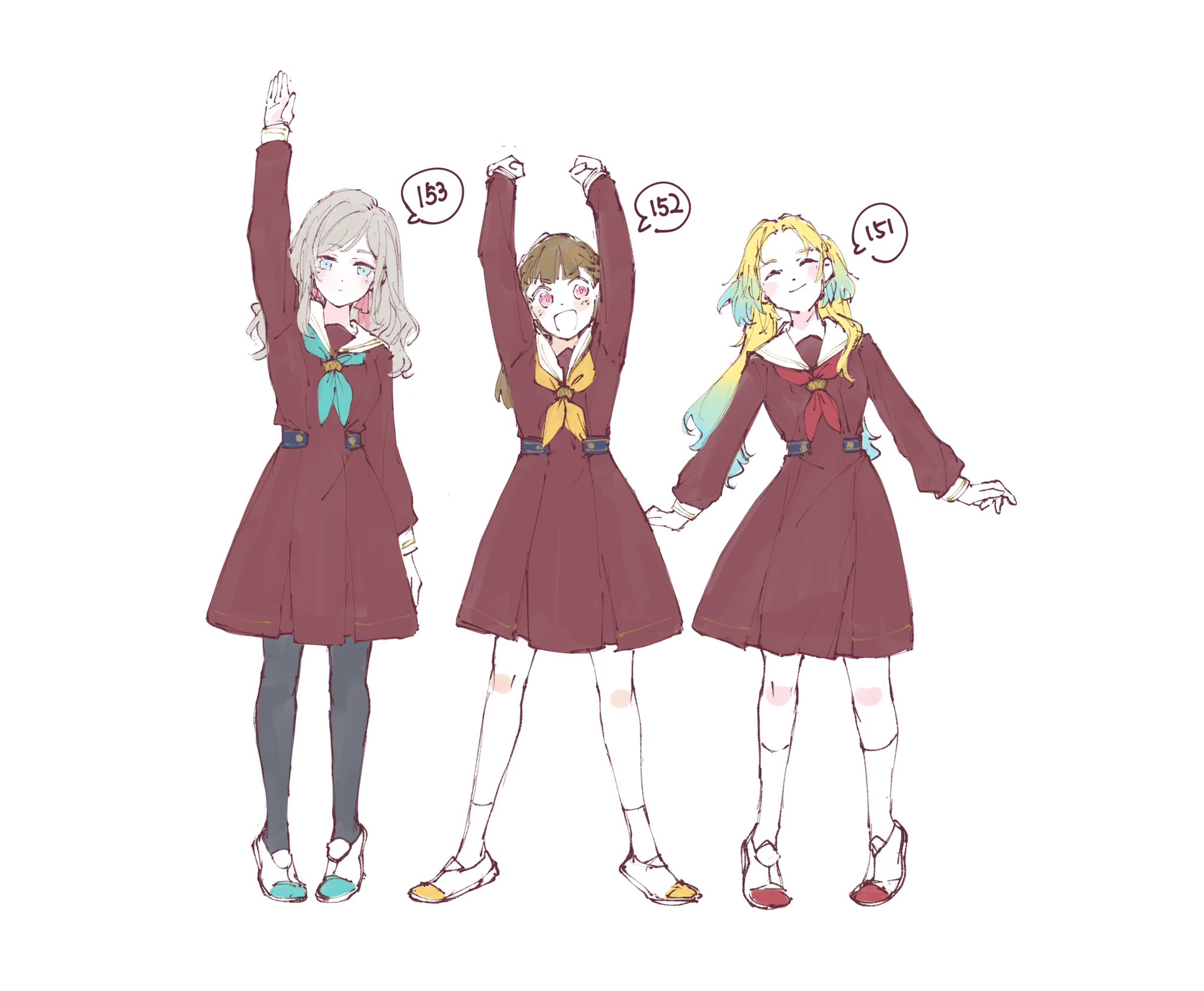 Safebooru - 3girls ^ ^ aqua neckerchief aqua shoes arm up arms up black pantyhose blonde hair ...