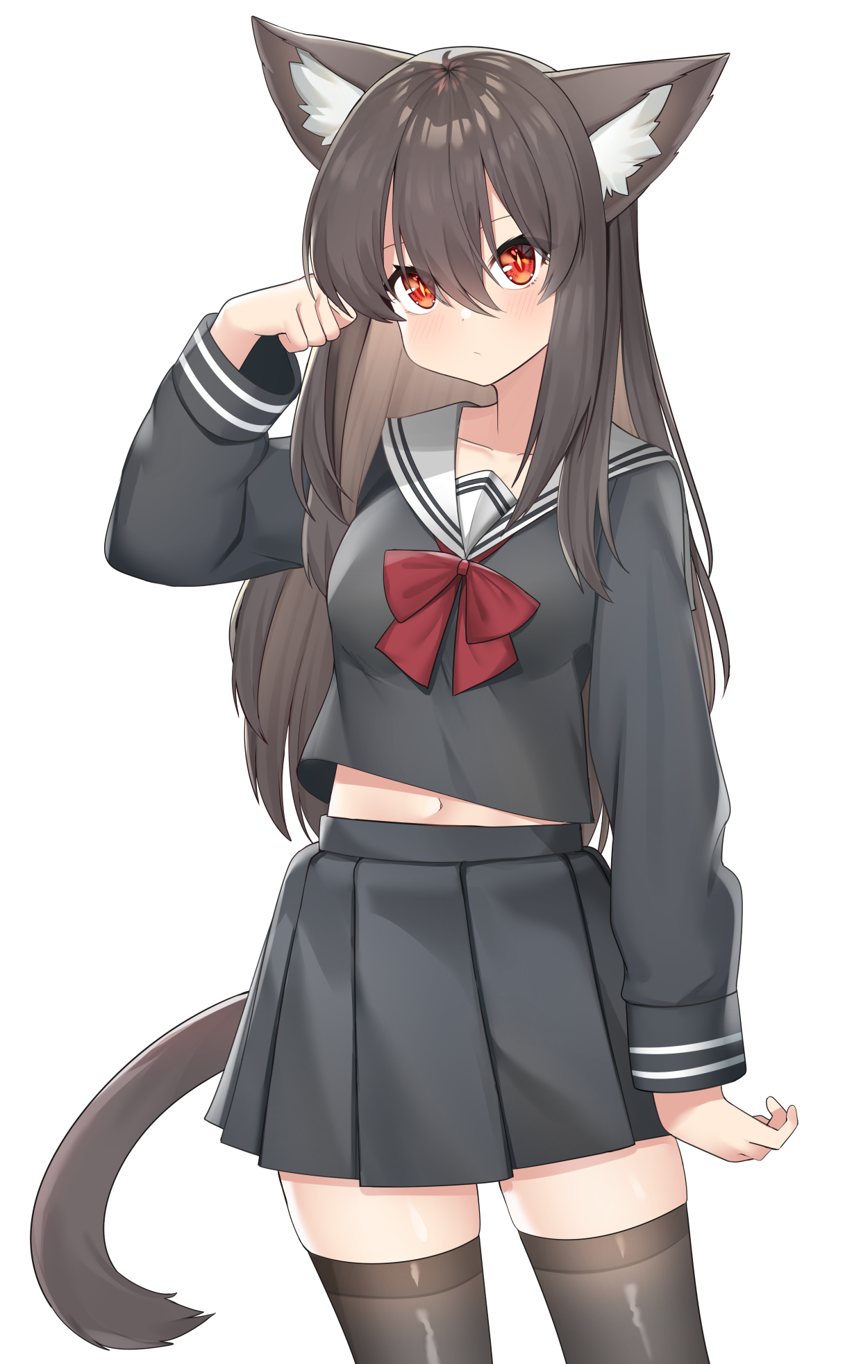 Safebooru - 1girl animal ear fluff animal ears arm at side arm up bangs black hair black legwear ...