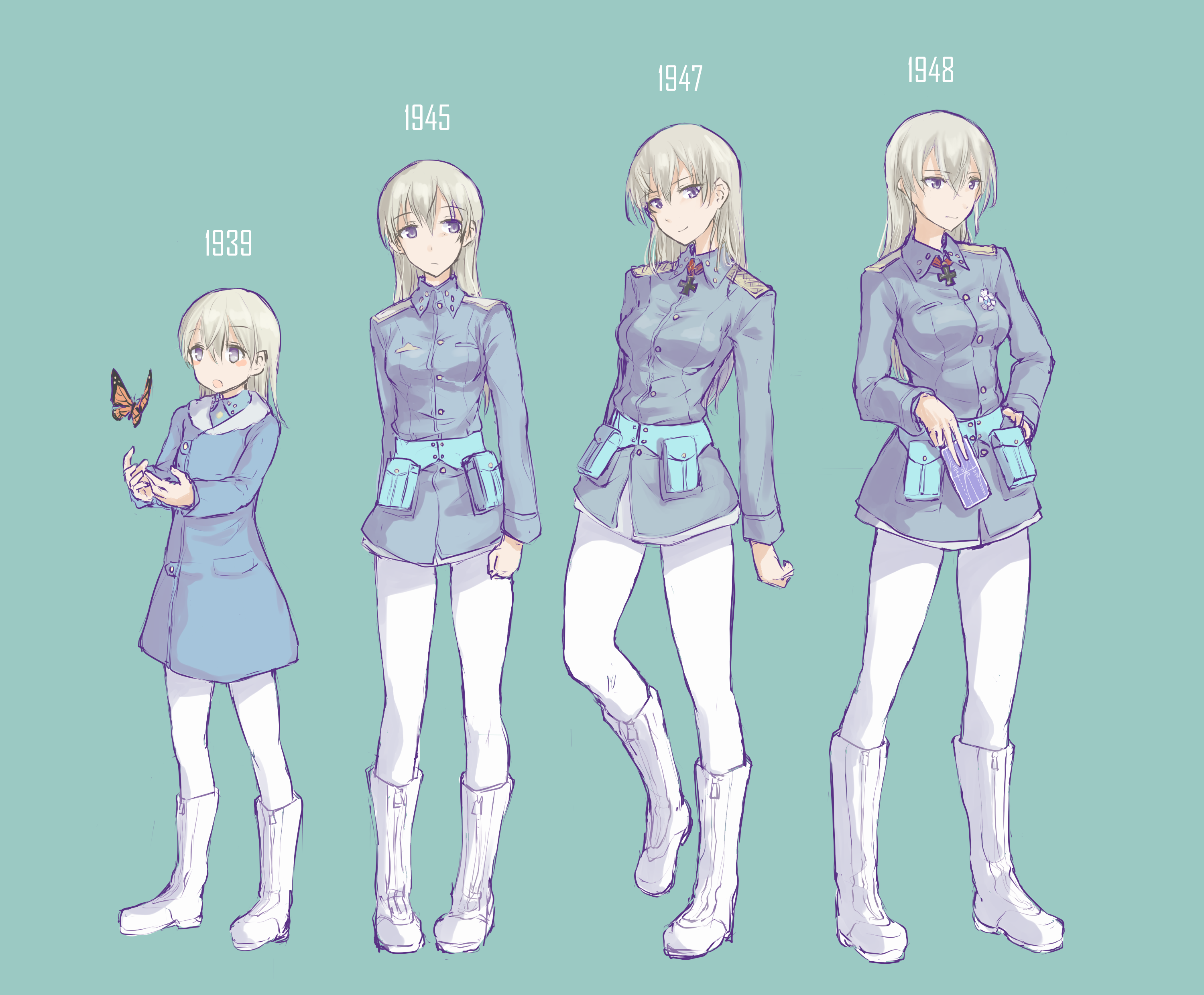 Safebooru - 1girl absurdres age progression alternate costume aqua background blonde hair blush ...