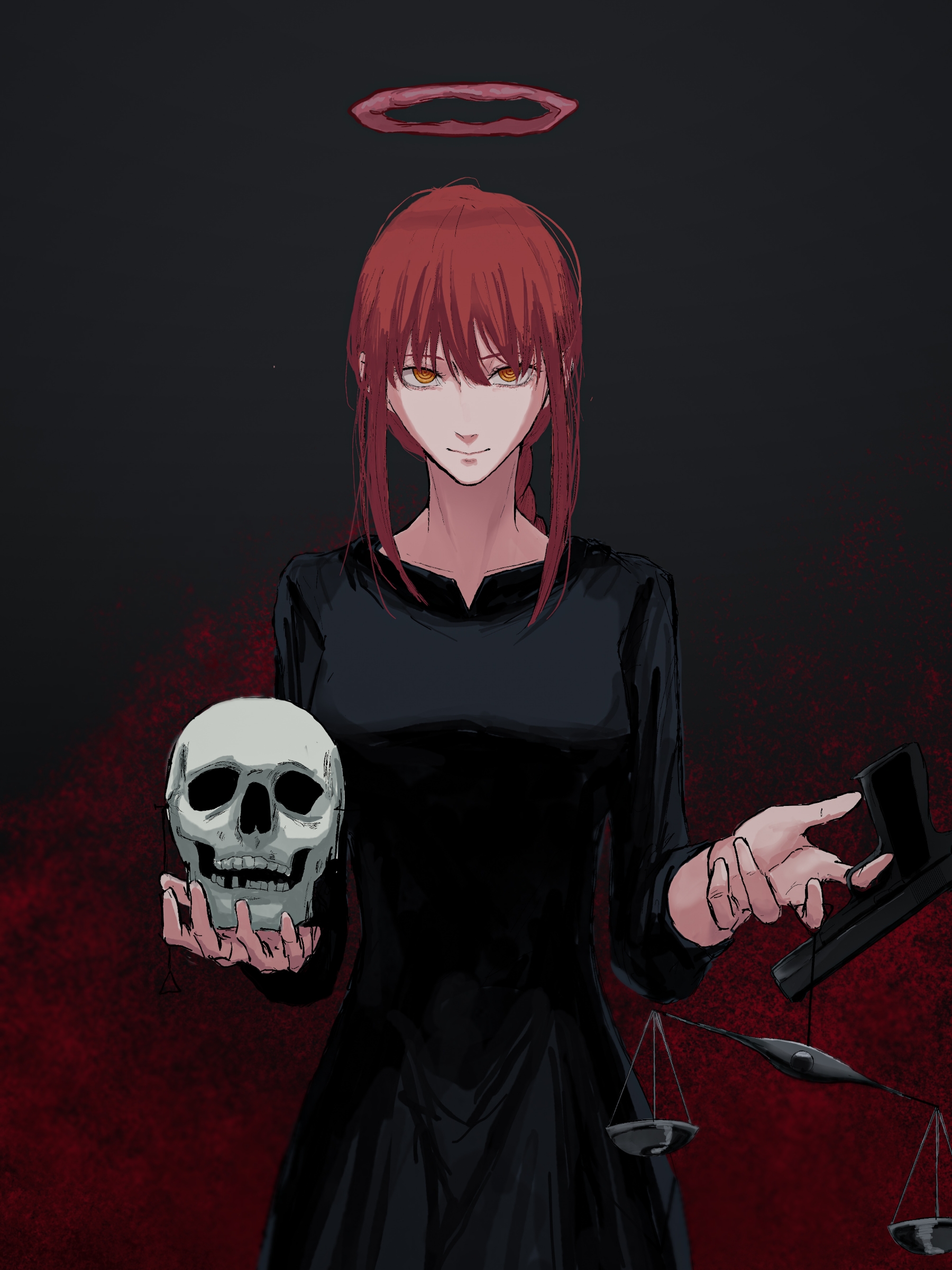 Safebooru - 1girl absurdres balance scale black dress braid chainsaw man closed mouth dress halo ...