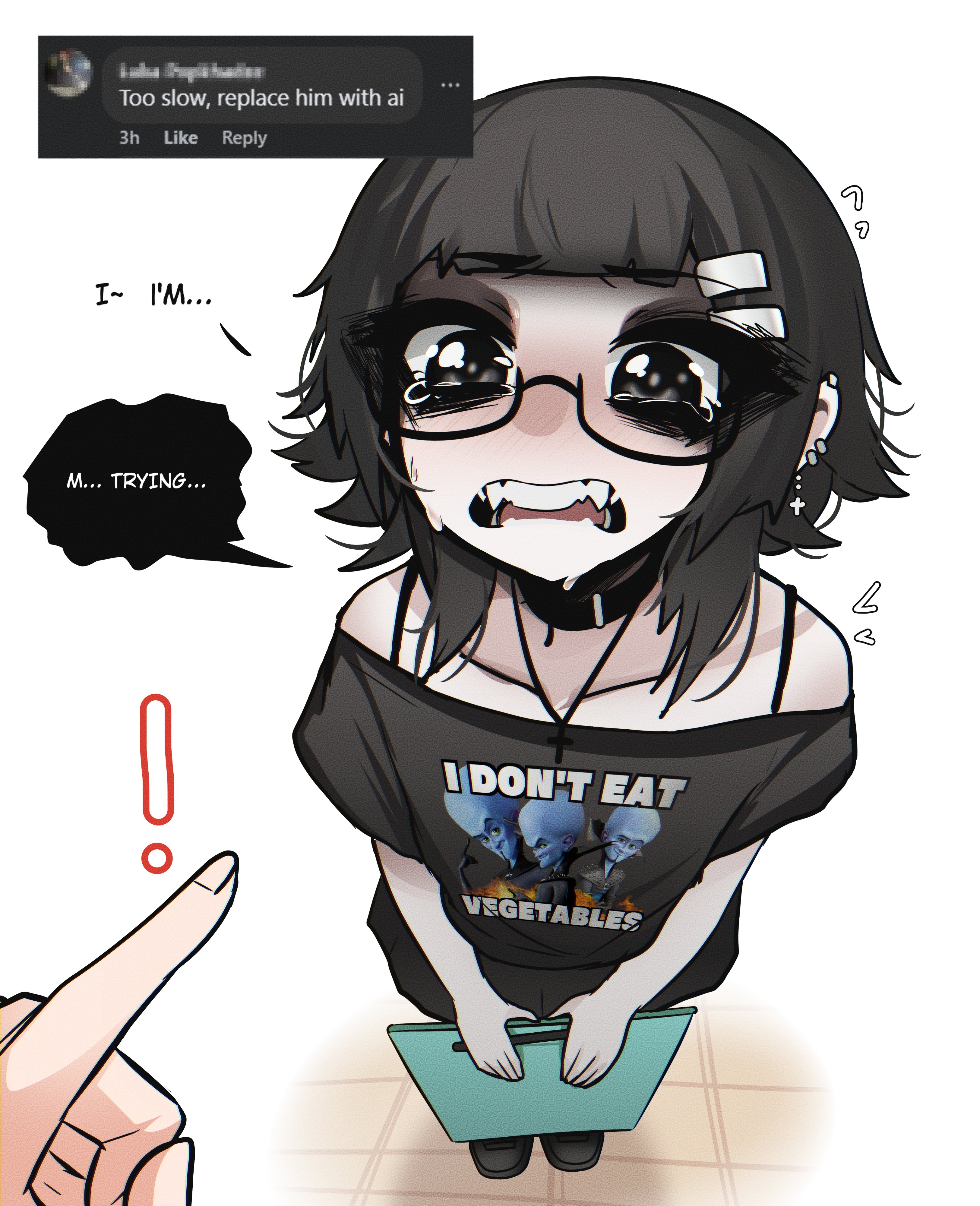 Safebooru - 1girl 1other absurdres ai-generated art (topic) black hair black shirt blush cross ...