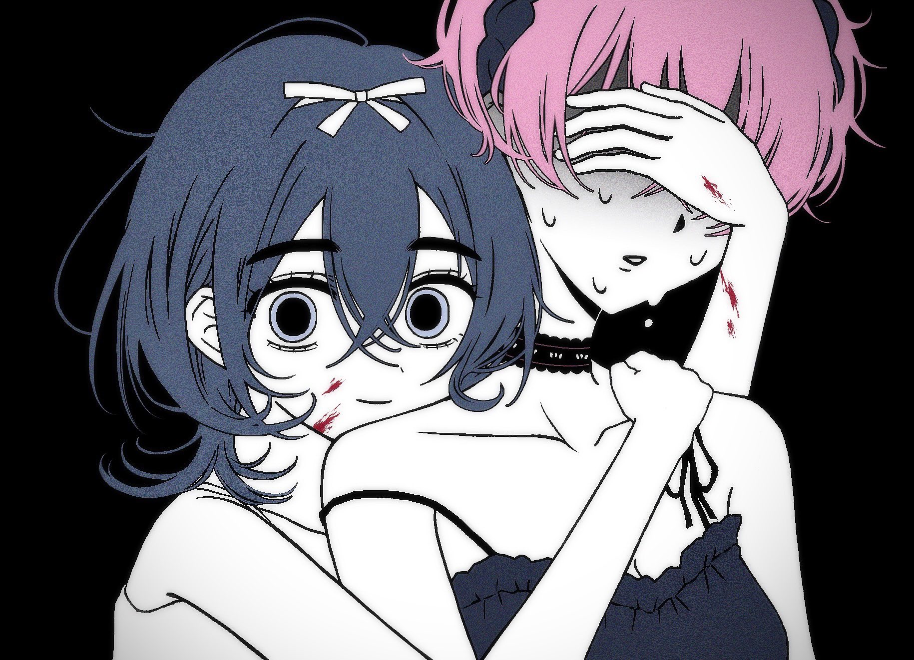 Safebooru - 2girls achimizz alien stage black choker black dress black hair blood blood on face ...