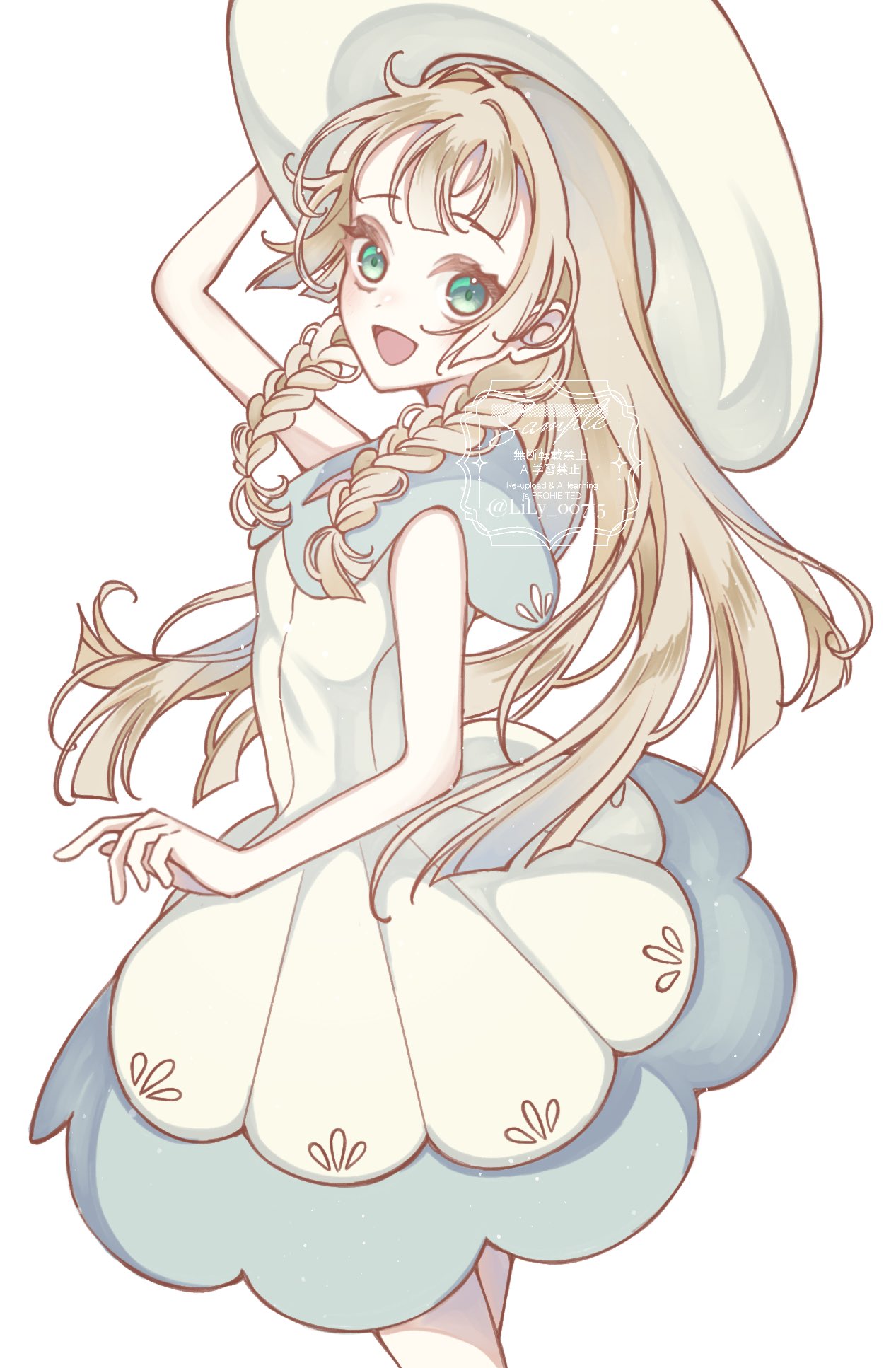 Safebooru - 1girl blonde hair braid collared dress dress green eyes hand on headwear hat highres ...