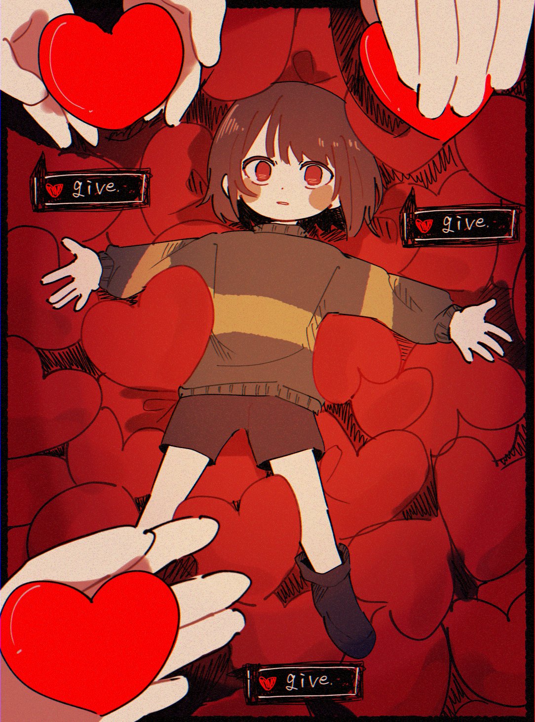 Safebooru - 1other brown hair brown shorts chara (undertale) green sweater heart highres ...