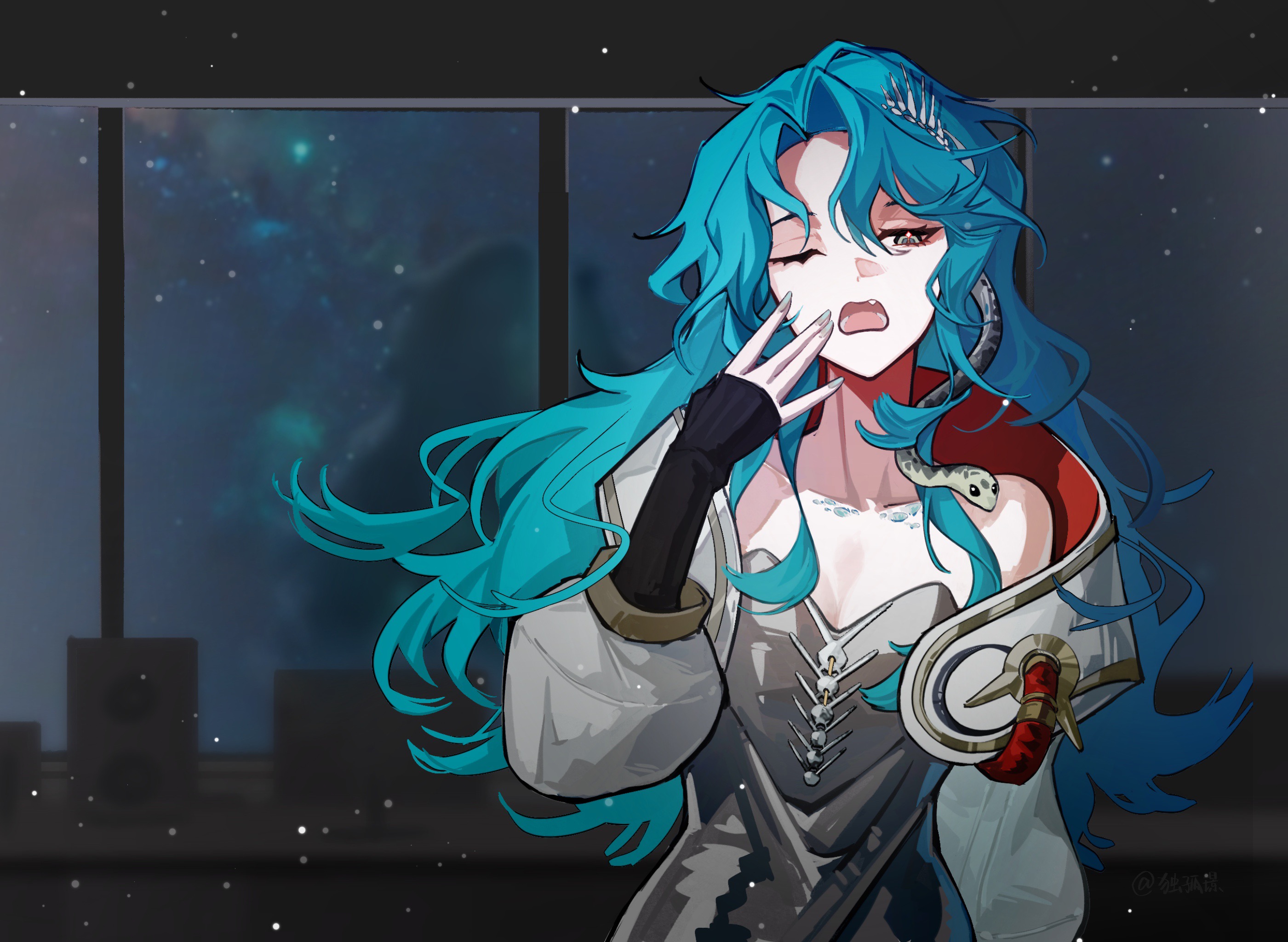 Safebooru - 1girl ;o blue hair dress dugu jing fang green eyes grey ...