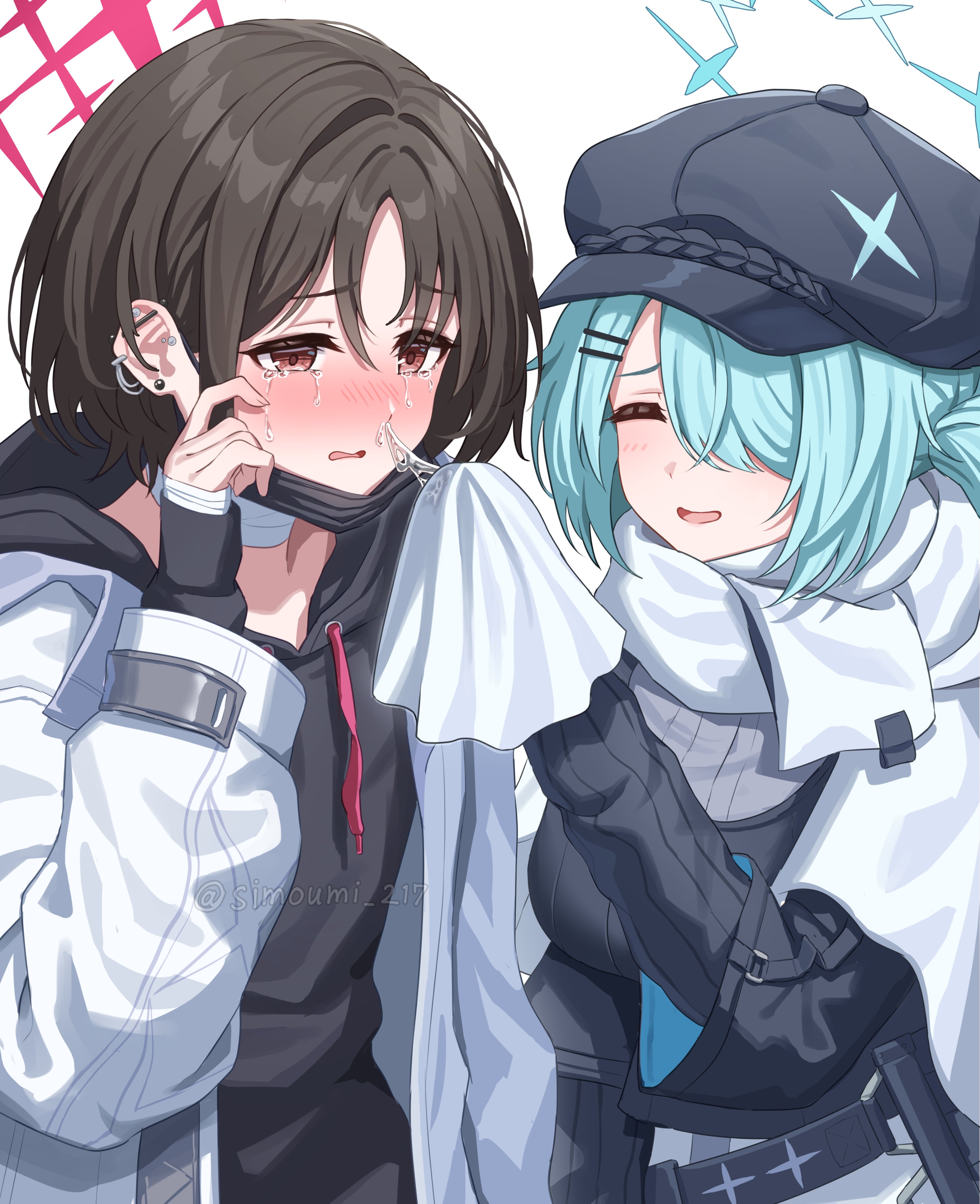 Safebooru - 2girls absurdres aqua hair aqua halo bandaged hand bandaged neck bandages black hair ...