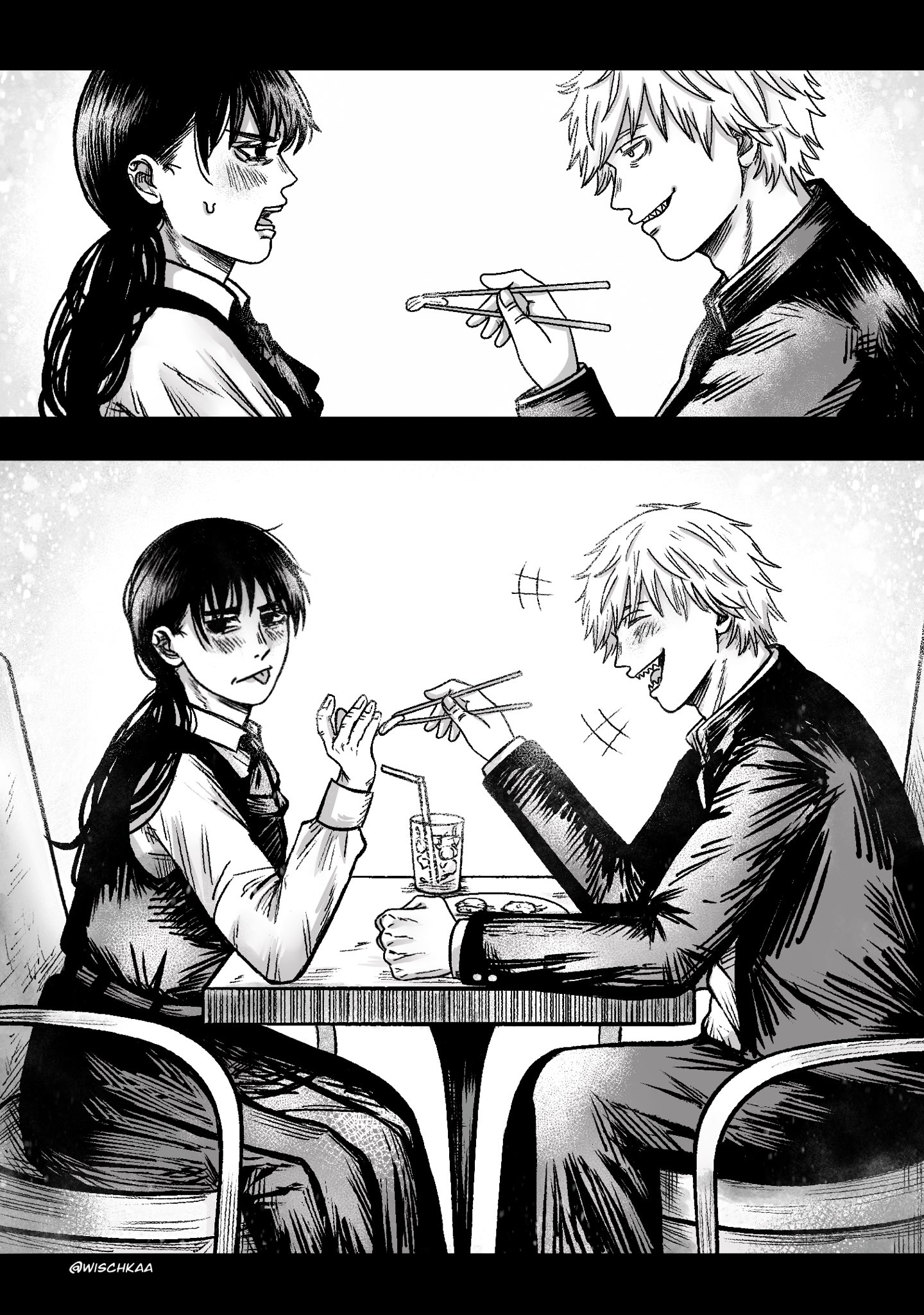 Safebooru - 1boy 1girl blush chainsaw man chair chopsticks collared shirt cup denji (chainsaw ...