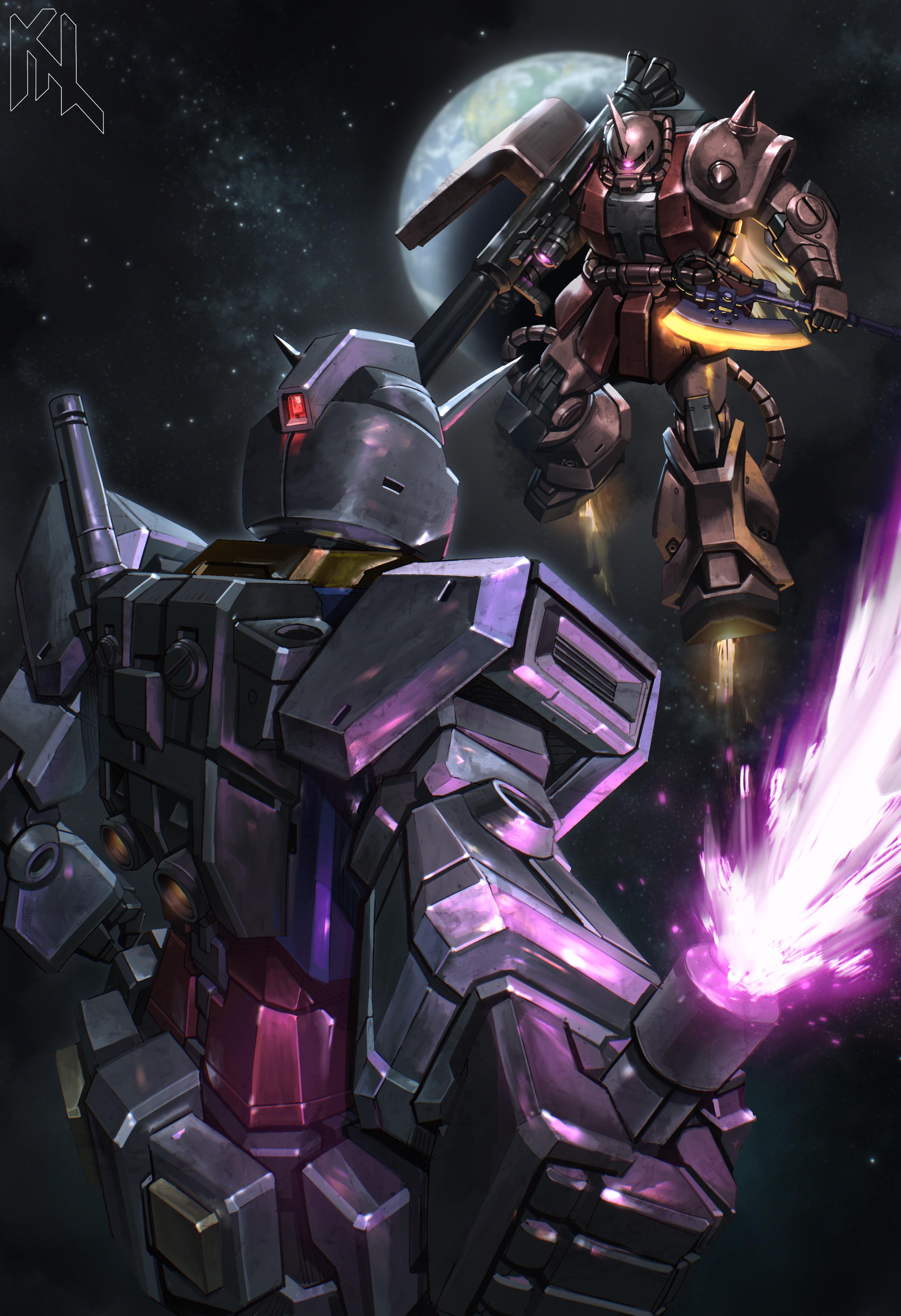 Safebooru - absurdres artist logo asymmetrical dual wielding axe bazooka (gundam) commentary ...