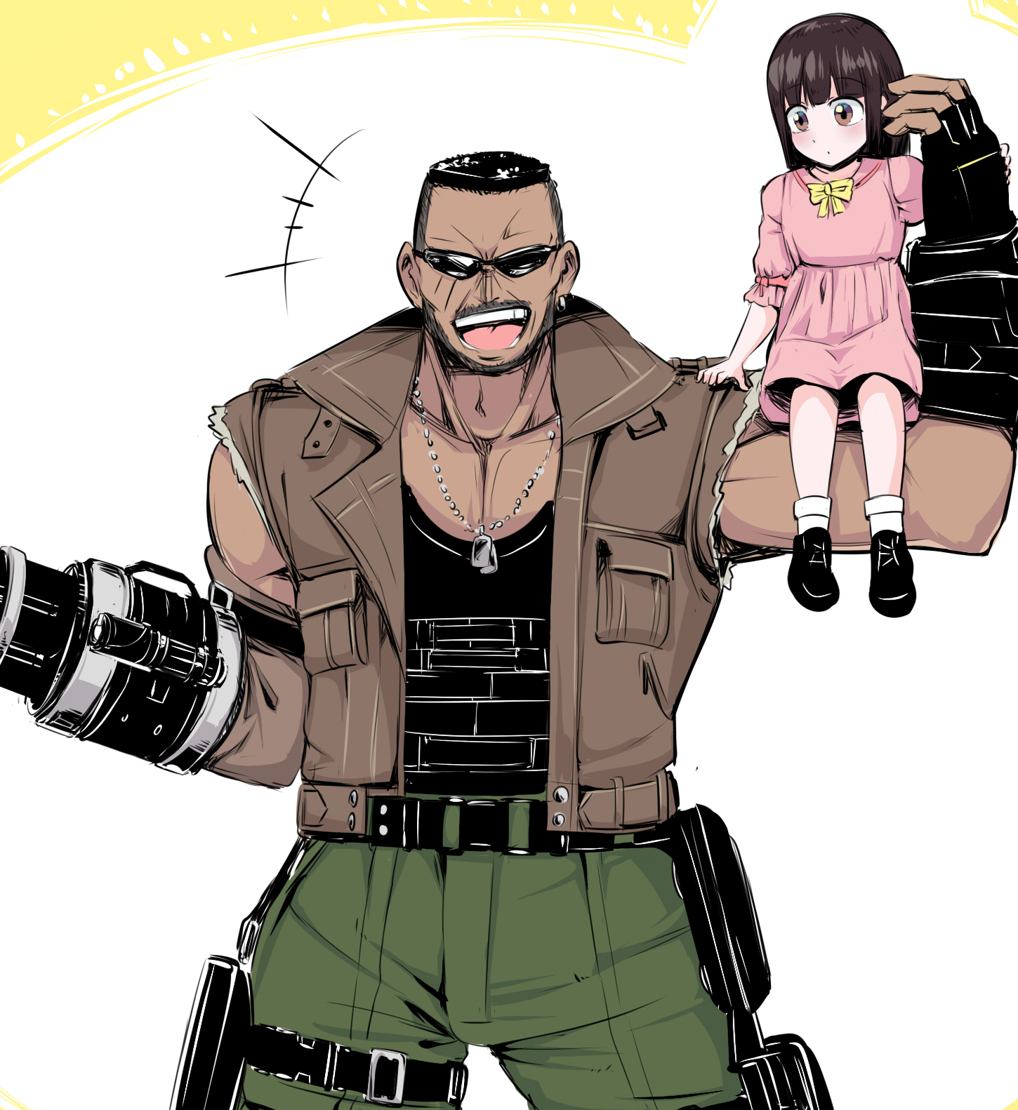 Safebooru 1boy 1girl Arm Cannon Barret Wallace Belt Black Hair Brown 7960