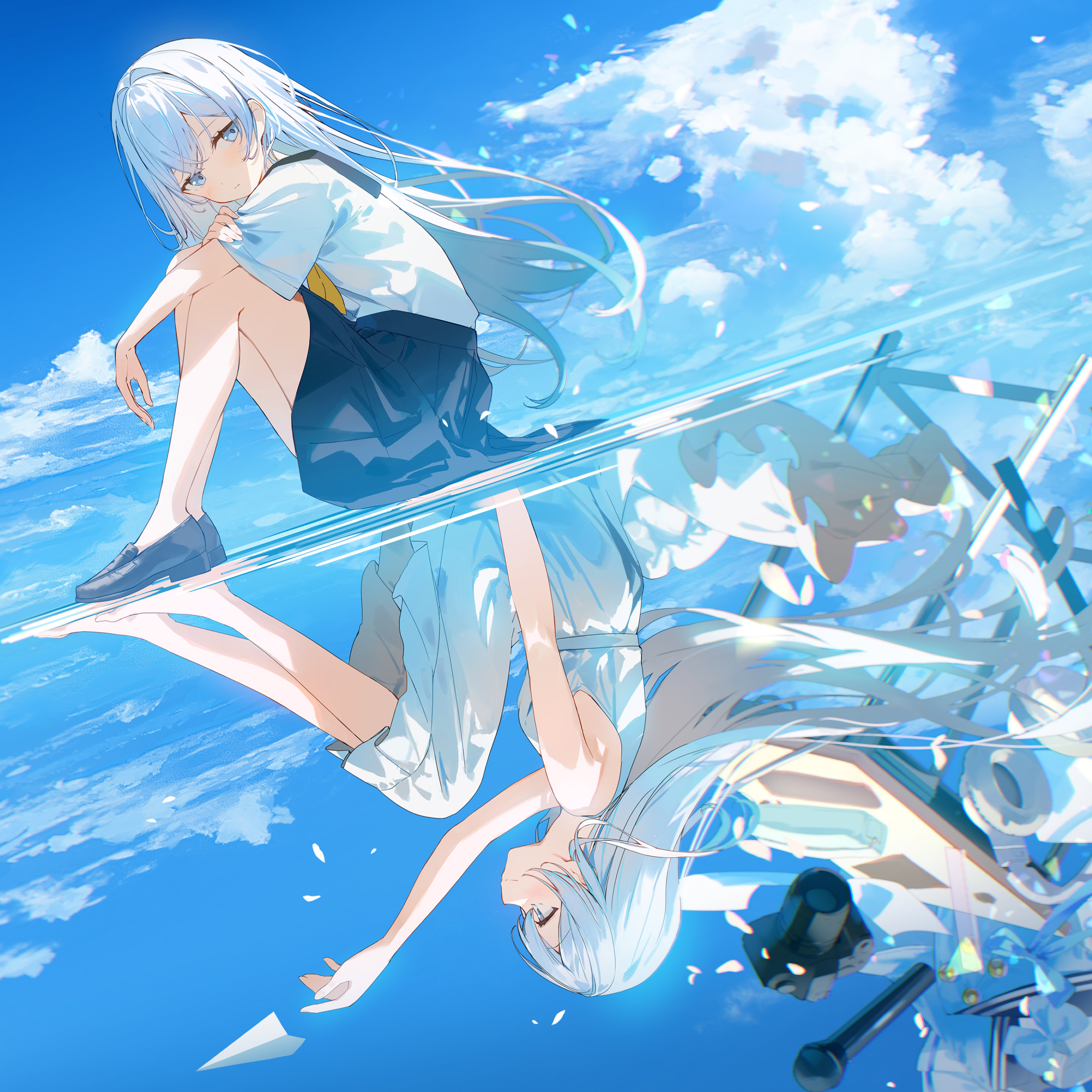 Safebooru - 1girl :t album cover arm on knee ashima (roro046) black sailor collar black shoes ...