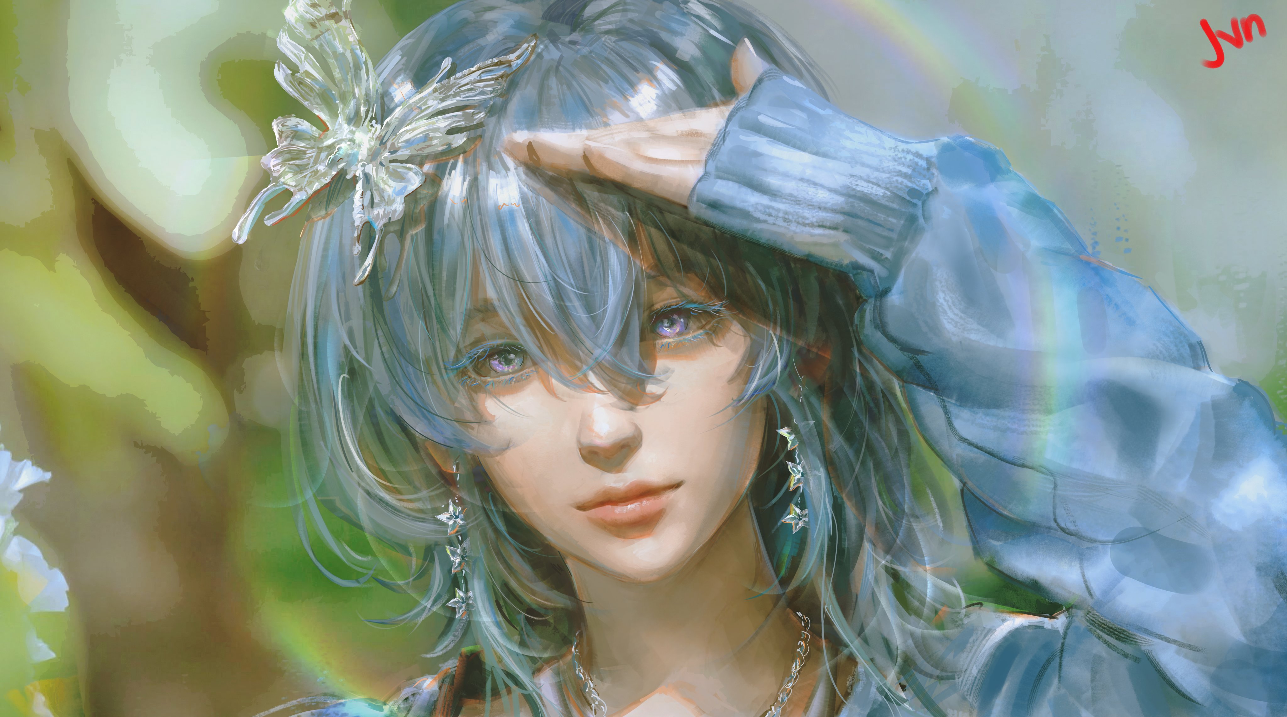 Safebooru - 1girl absurdres alternate costume artist name blue hair blurry blurry background ...