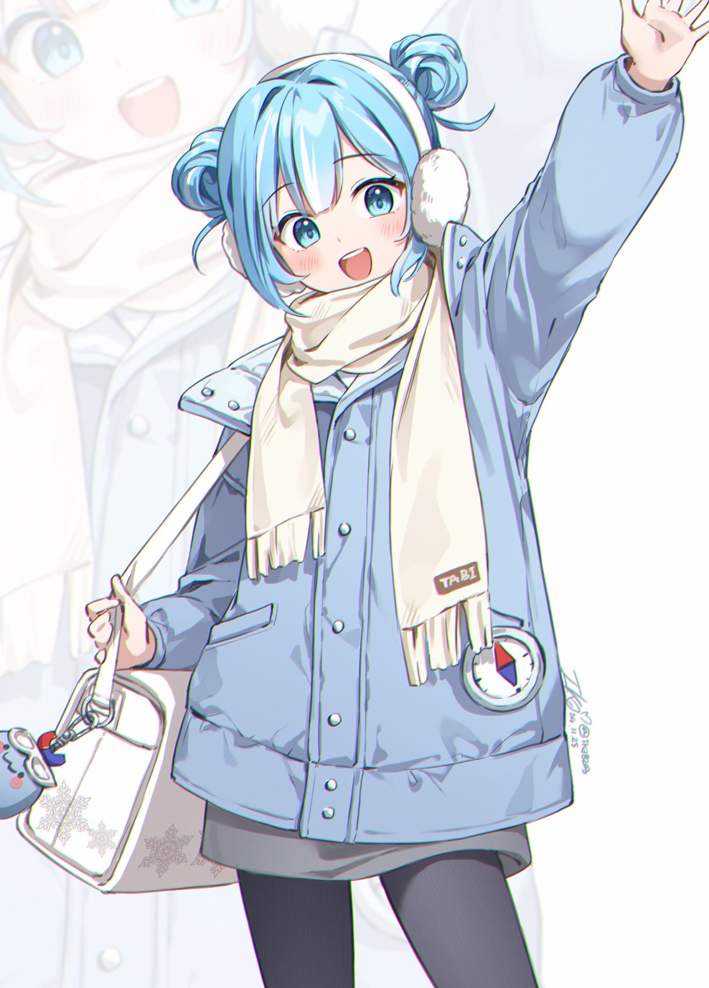 Safebooru - 1girl arahashi tabi arm up bag black pantyhose blue eyes ...