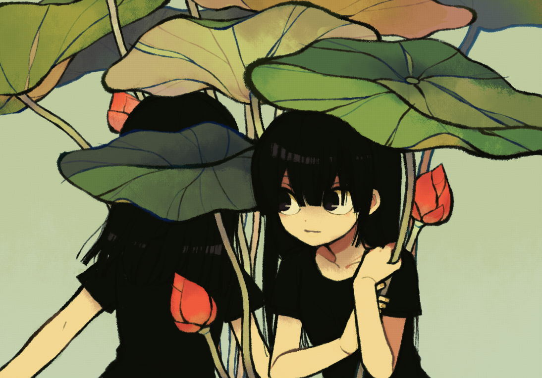 Safebooru - 2girls black eyes black hair black shirt closed mouth ...