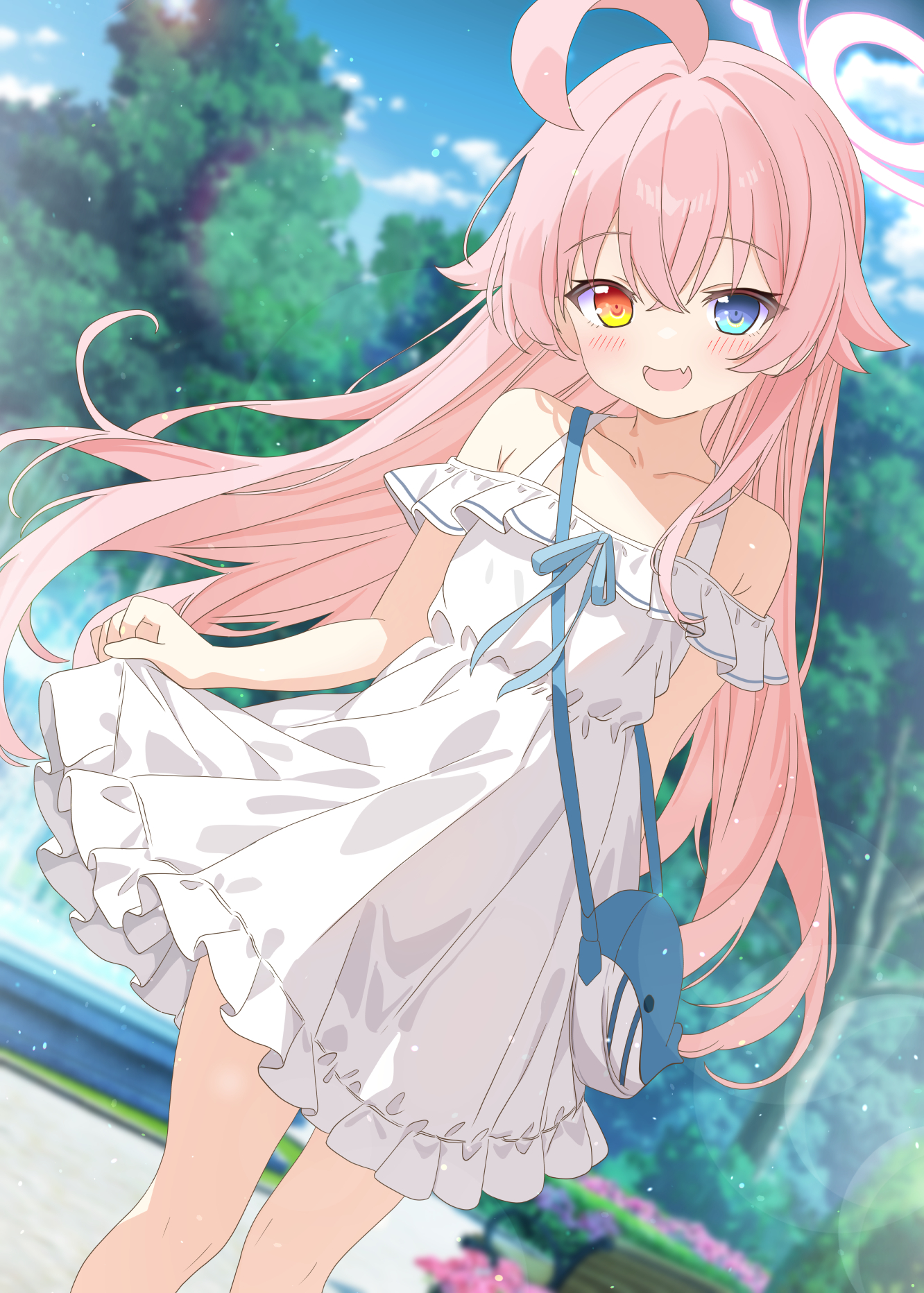 Safebooru - 1girl :d ahoge aruka (alka p1) bag bare shoulders blue archive blue eyes blush ...