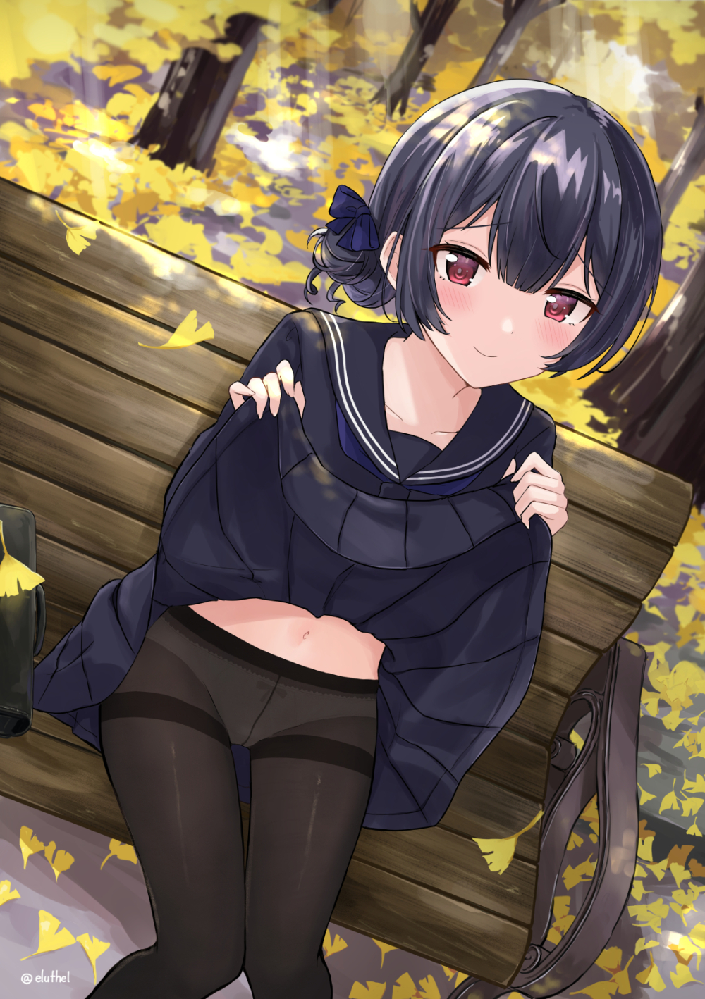 Safebooru - 1girl autumn autumn leaves bag bangs bench black hair black legwear black sailor ...