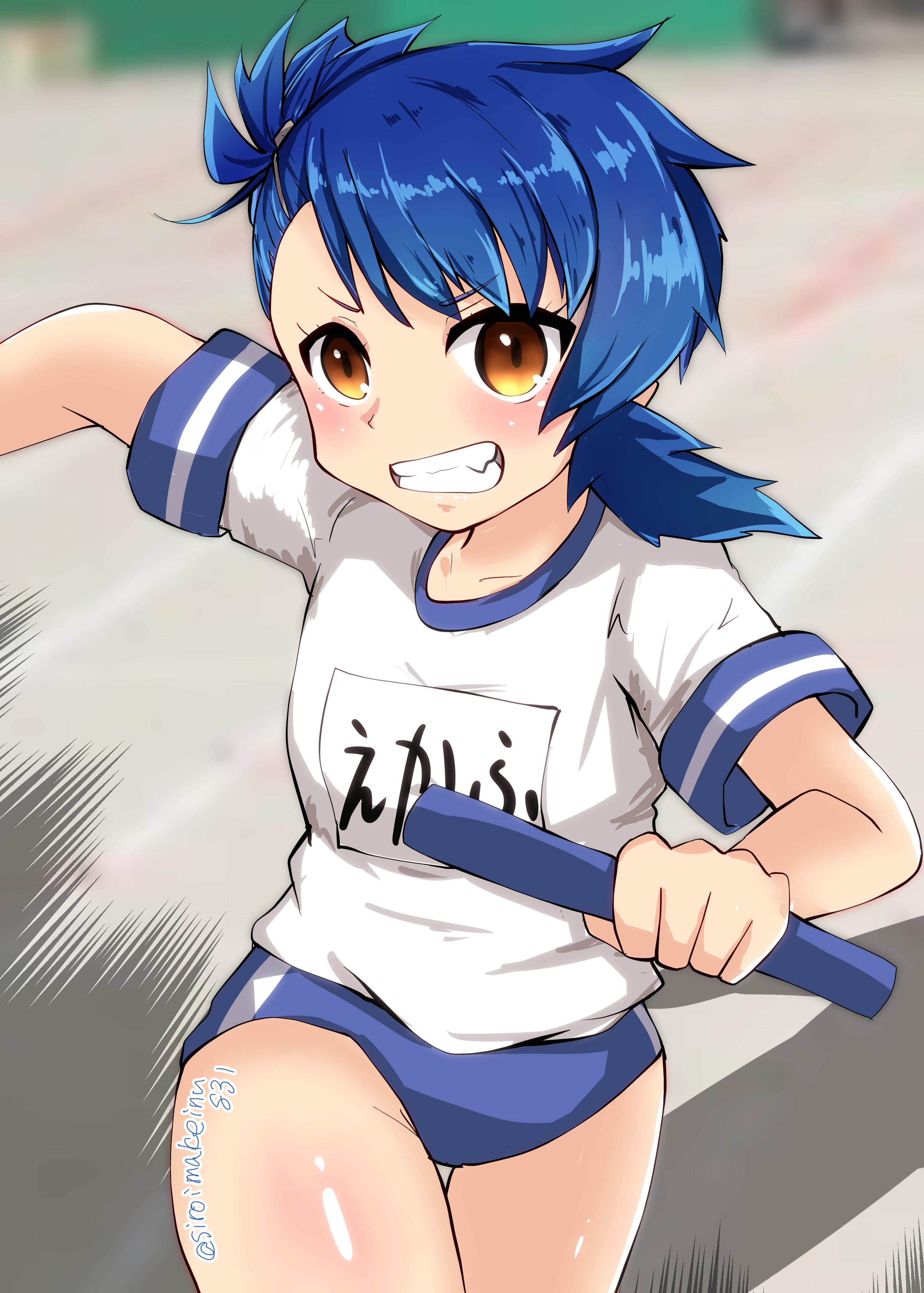 Safebooru - 1girl absurdres baton blue buruma blue hair brown eyes buruma day fukae (kantai ...