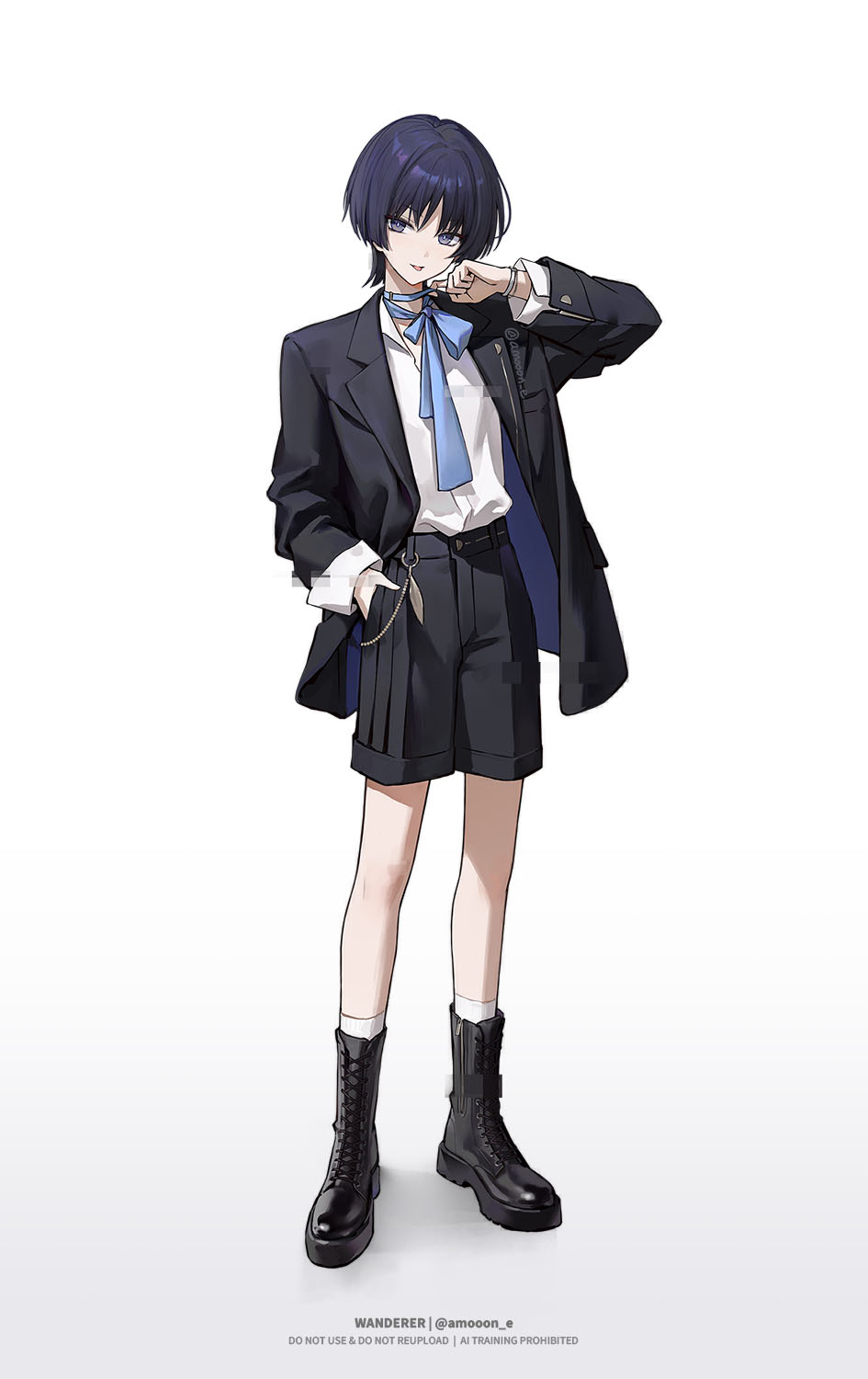 Safebooru - 1boy aamoooon e alternate costume arm at side arm up black boots black hair black ...