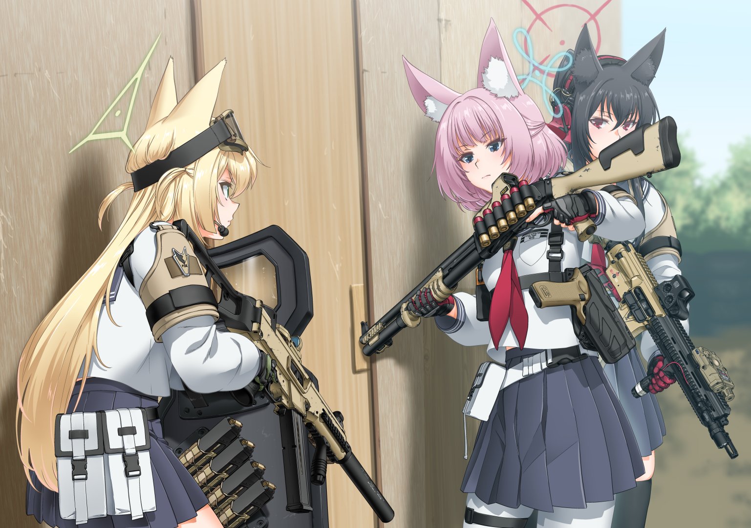 Safebooru - 3girls animal ears assault rifle ballistic shield black ...