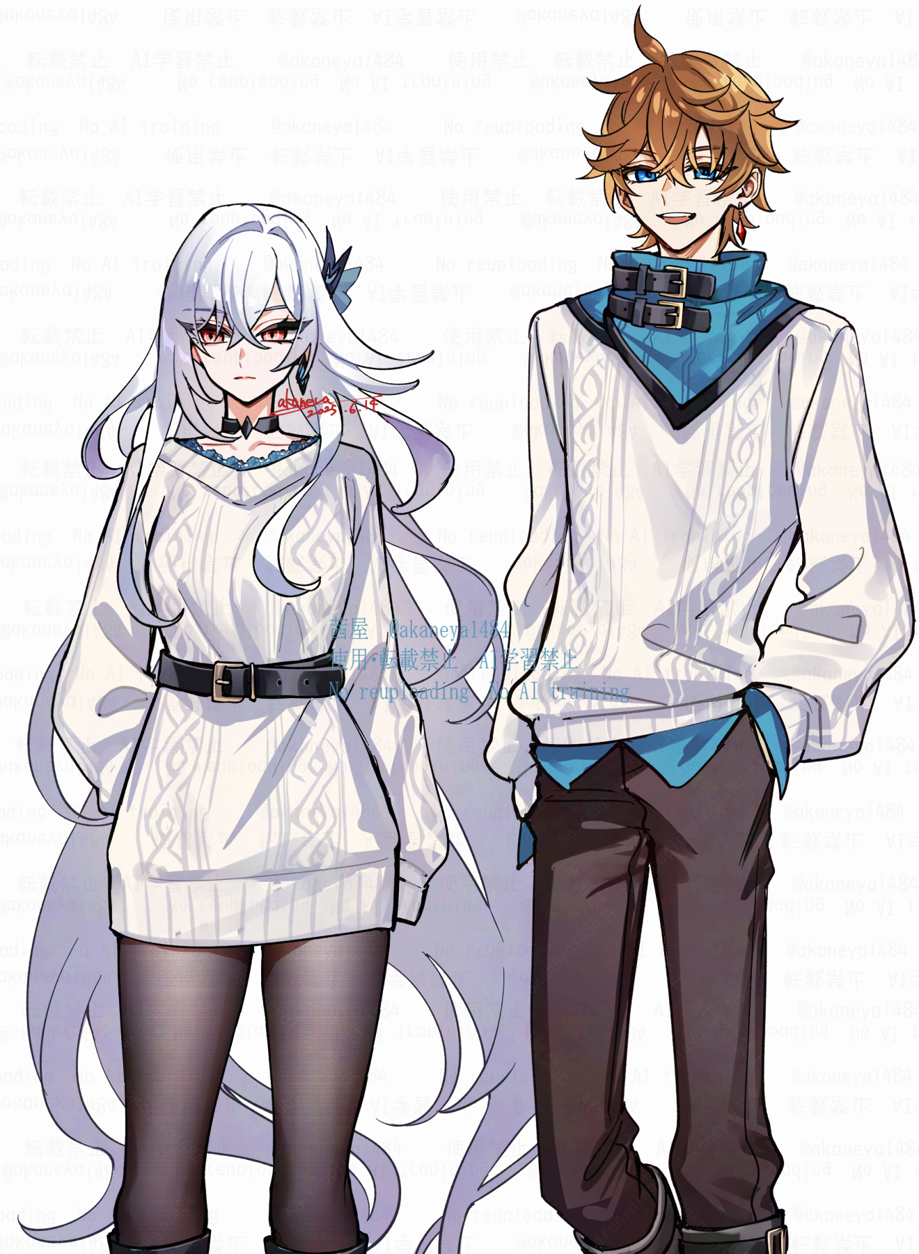 Safebooru - 1boy 1girl :d ahoge artist name belt belt buckle black belt black choker black pants ...