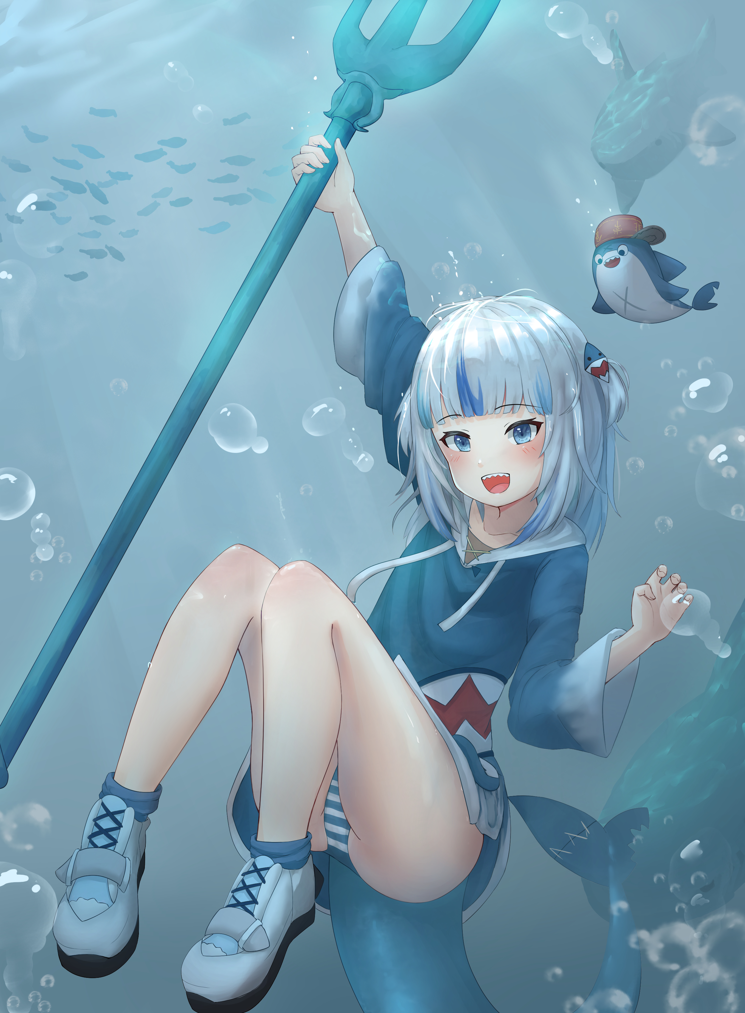 Safebooru - 1girl absurdres bangs bloop (gawr gura) blue eyes blue hair blue hoodie blush gawr ...