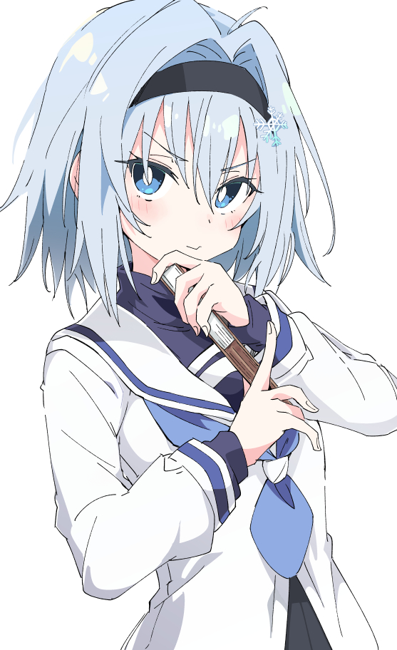 Safebooru - 1girl blue eyes blue hair blue neckwear blush closed mouth fan hair between eyes ...