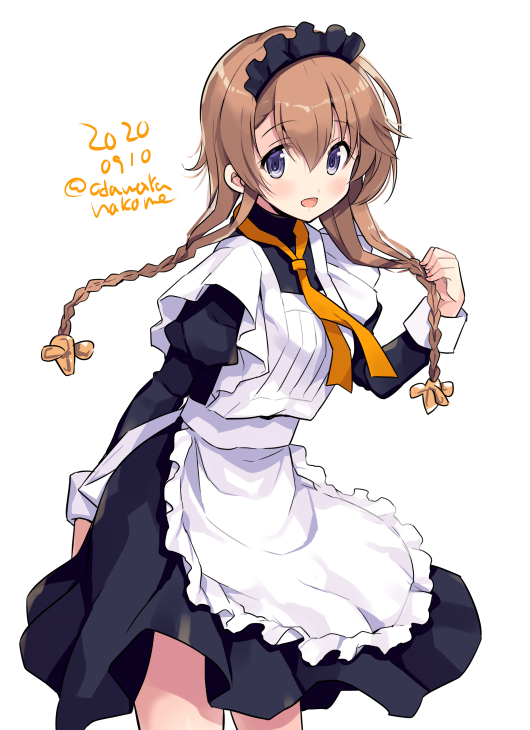 Safebooru - 1girl alternate costume apron black dress blush braid brown hair cowboy shot dated ...