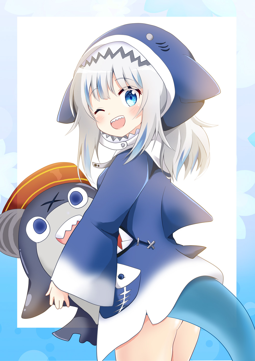 Safebooru - 1girl :d animal hood bangs bloop (gawr gura) blue eyes blue hair blue hoodie blush ...