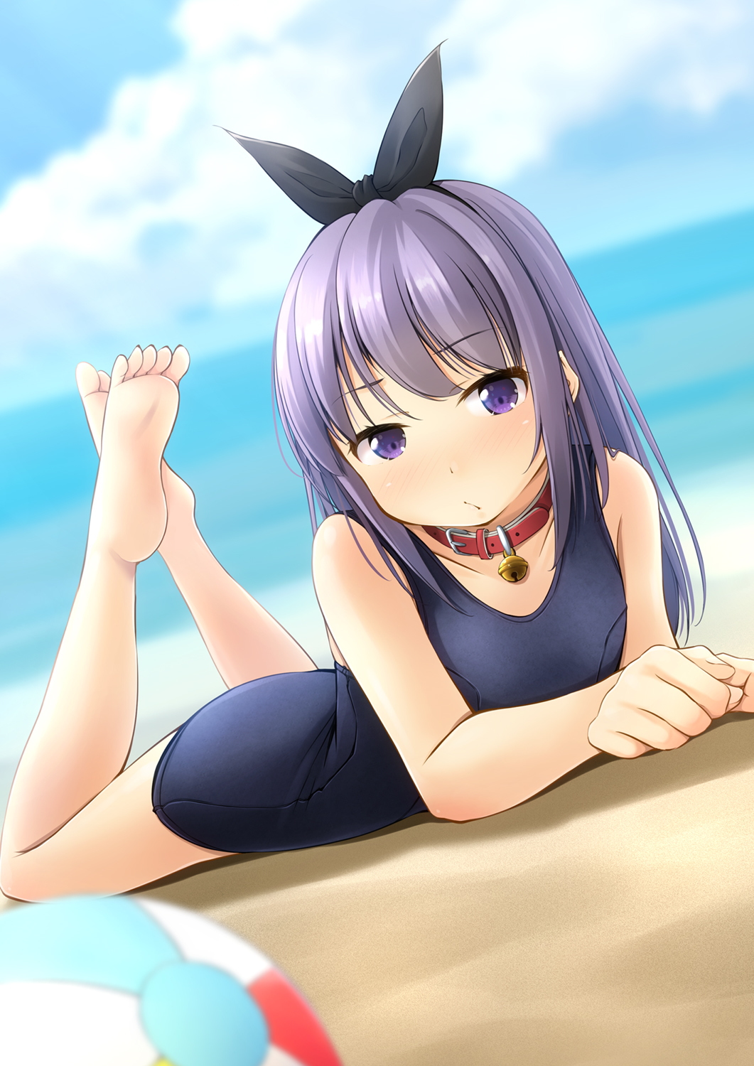 Safebooru - 1girl ball bangs bare arms bare legs bare shoulders barefoot beach beachball bell ...