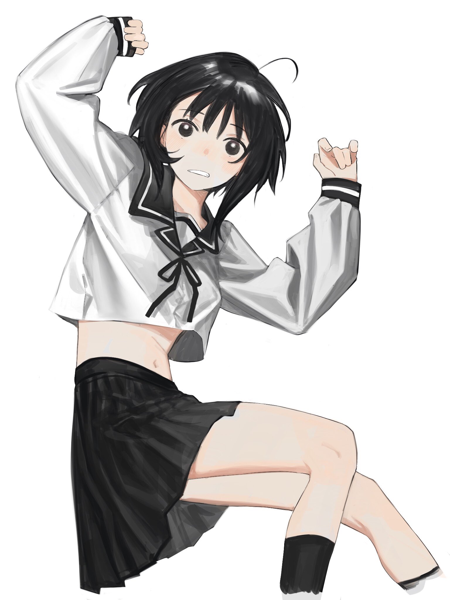 Safebooru - 1girl arms up black eyes black hair black legwear black ...