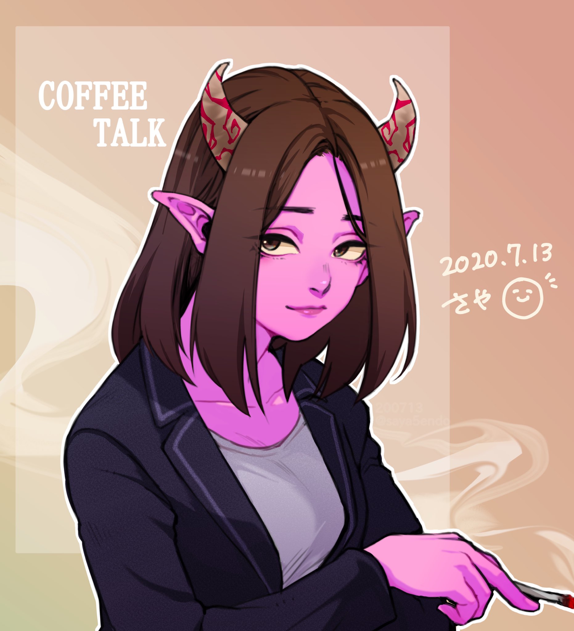 Safebooru - 1girl blazer brown hair cigarette coffee talk demon girl ...