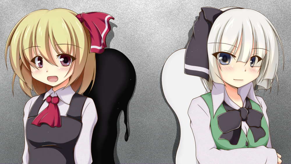Safebooru - 2girls ascot black bow black ribbon blonde hair blue eyes bow bowtie darkness ghost ...