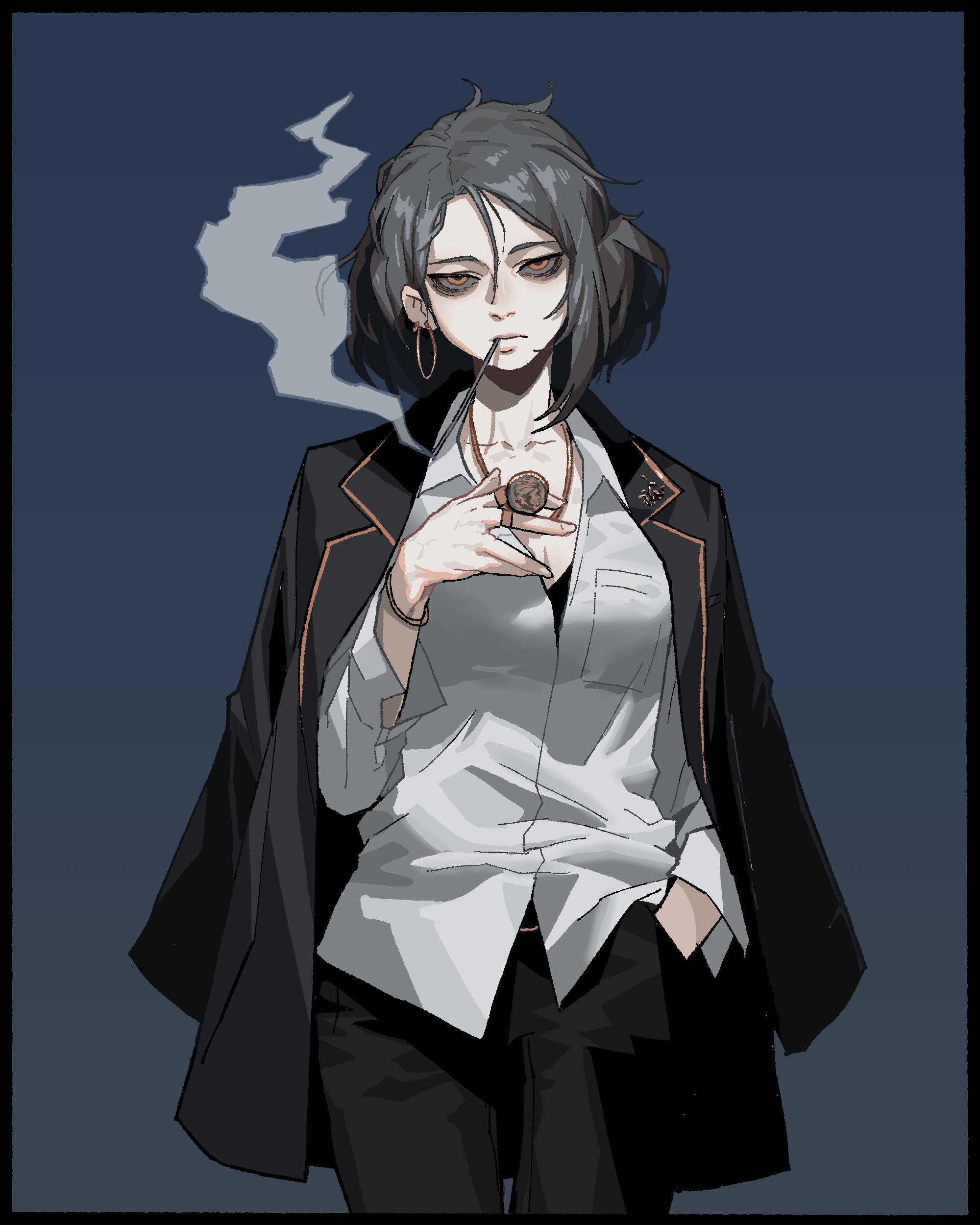 Safebooru - 1girl absurdres bags under eyes black border black bra black jacket black pants blue ...