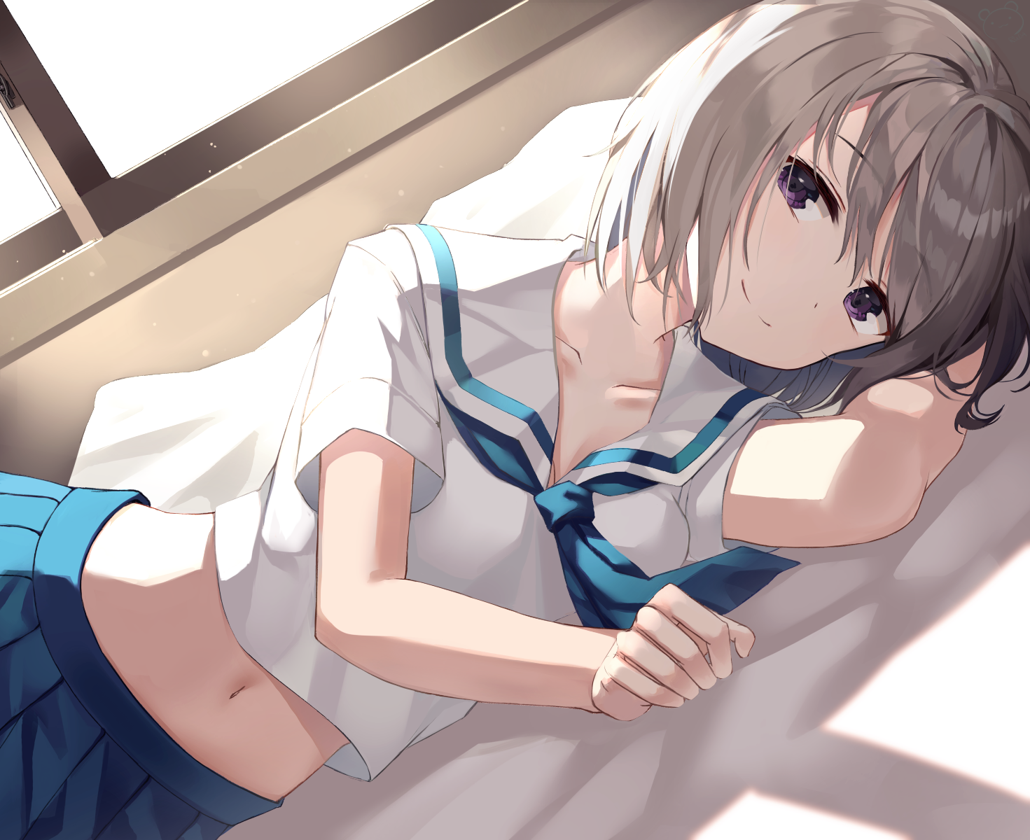 Safebooru - 1girl arm up bangs bed blue neckwear blue skirt closed mouth collarbone commentary ...