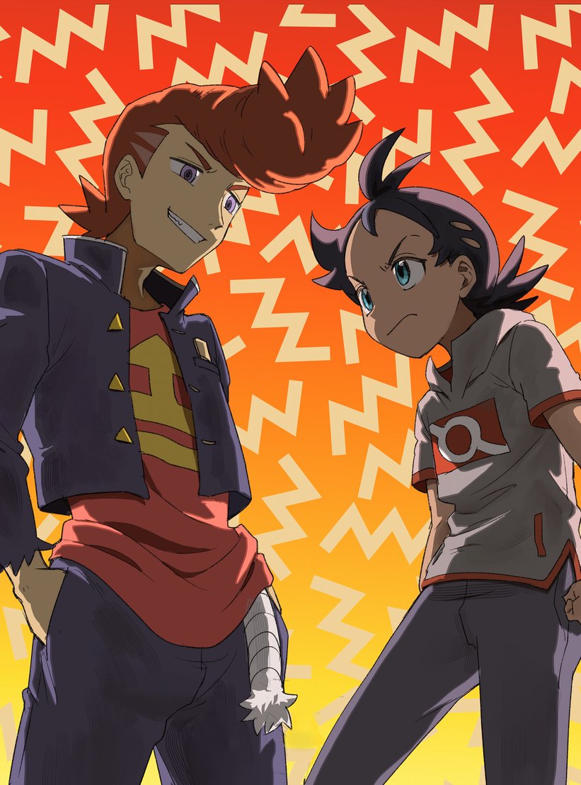 Safebooru - 2boys black pants blue eyes closed mouth commentary request ...
