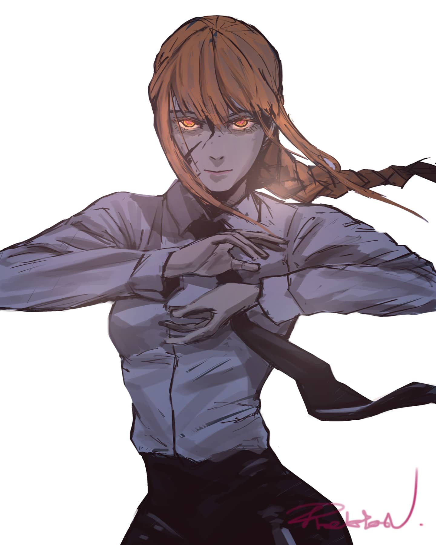 Safebooru - 1girl bangs black neckwear black pants blood blood on face braid braided ponytail ...