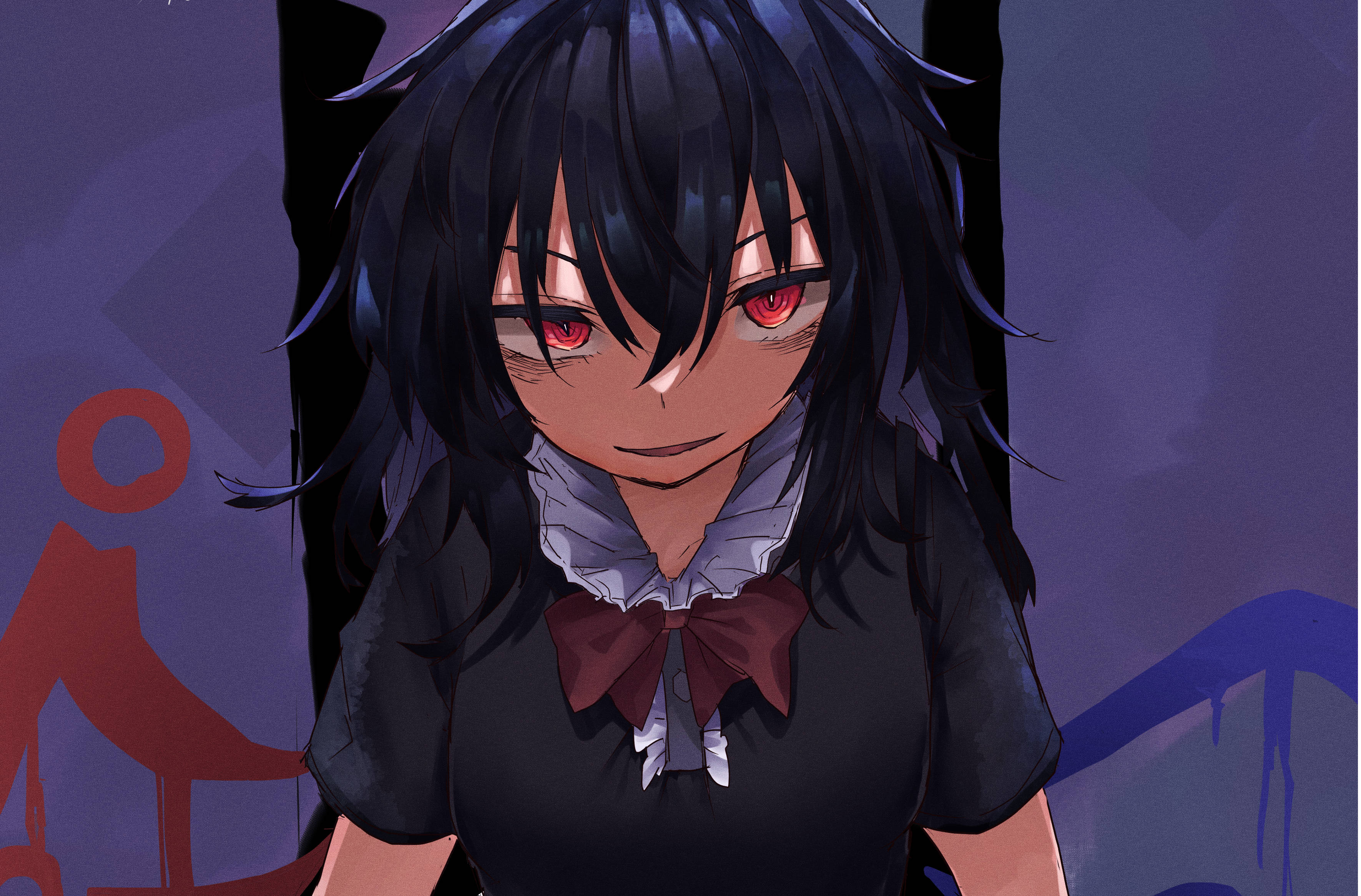 Safebooru - 1girl absurdres asymmetrical wings bags under eyes bangs black dress black hair blue ...