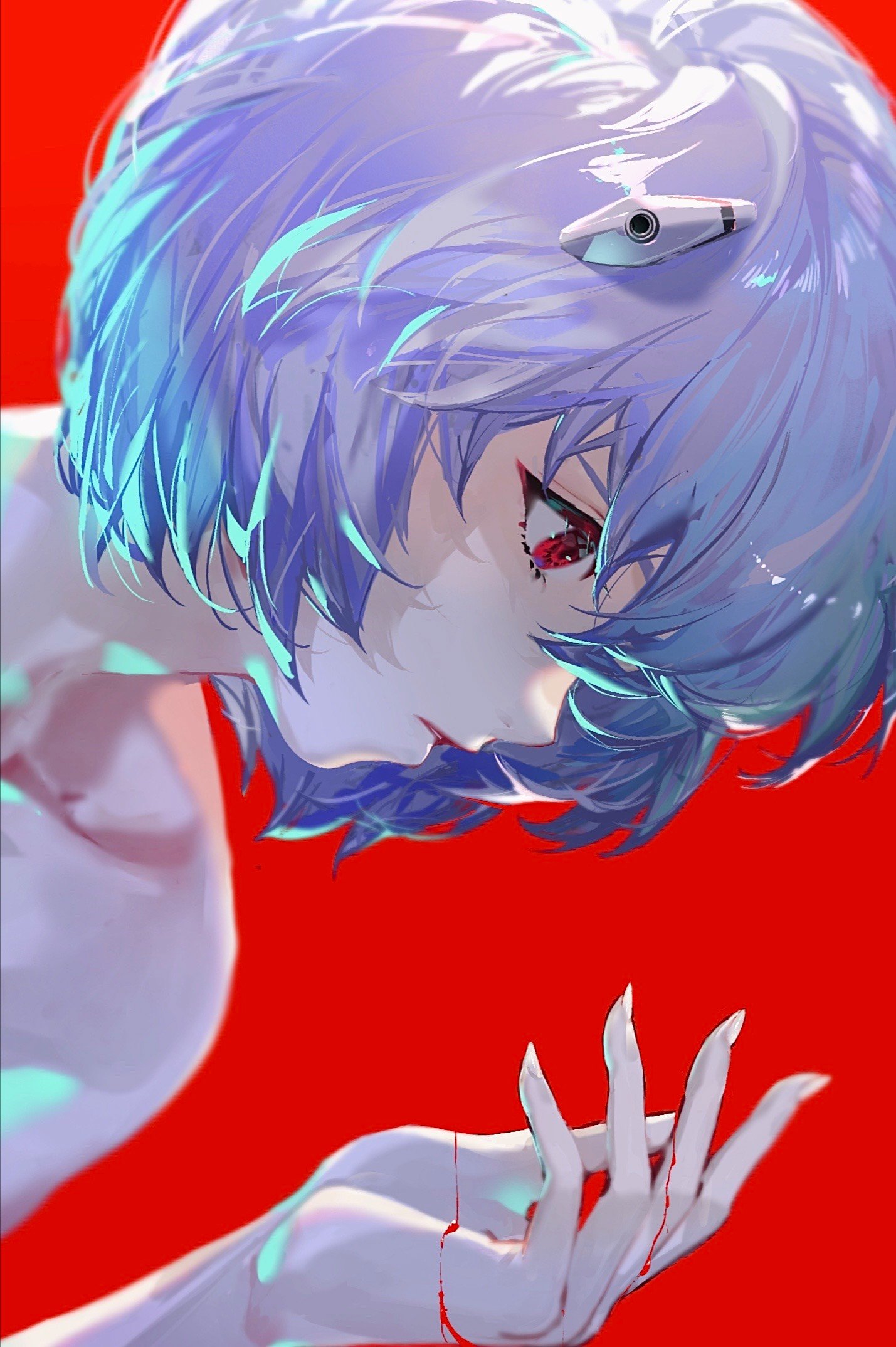 Safebooru - 1girl ayanami rei bare shoulders blood bloody hands blue hair collarbone commentary ...