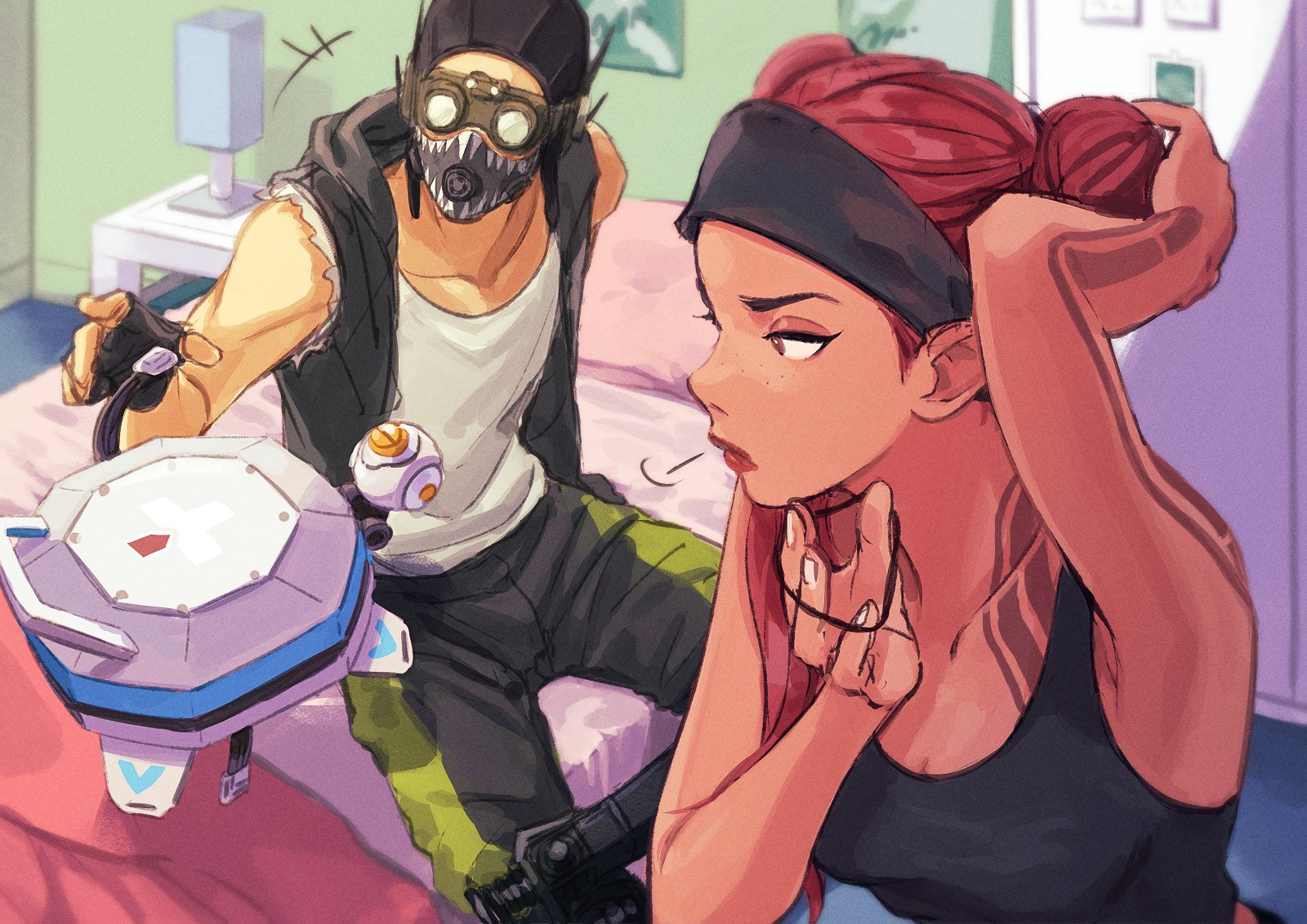 Safebooru - 1boy 1girl 2gou adjusting hair apex legends arm tattoo arm up armpits bed bed sheet ...