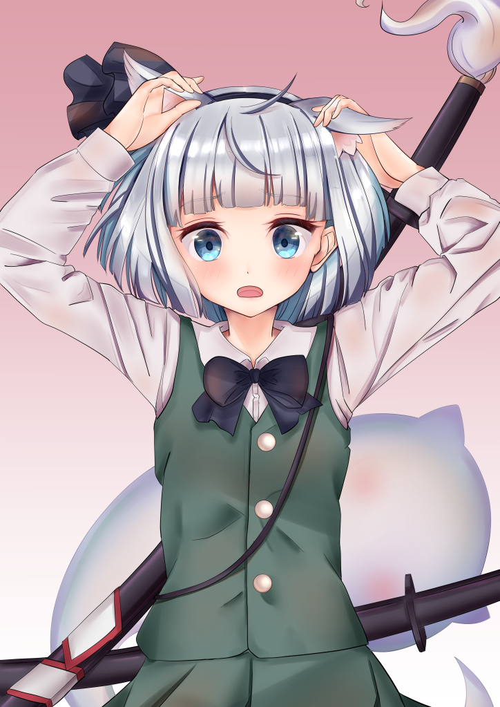 Safebooru - 1girl ahoge animal ears arms up artist request bangs black bow black hairband black ...