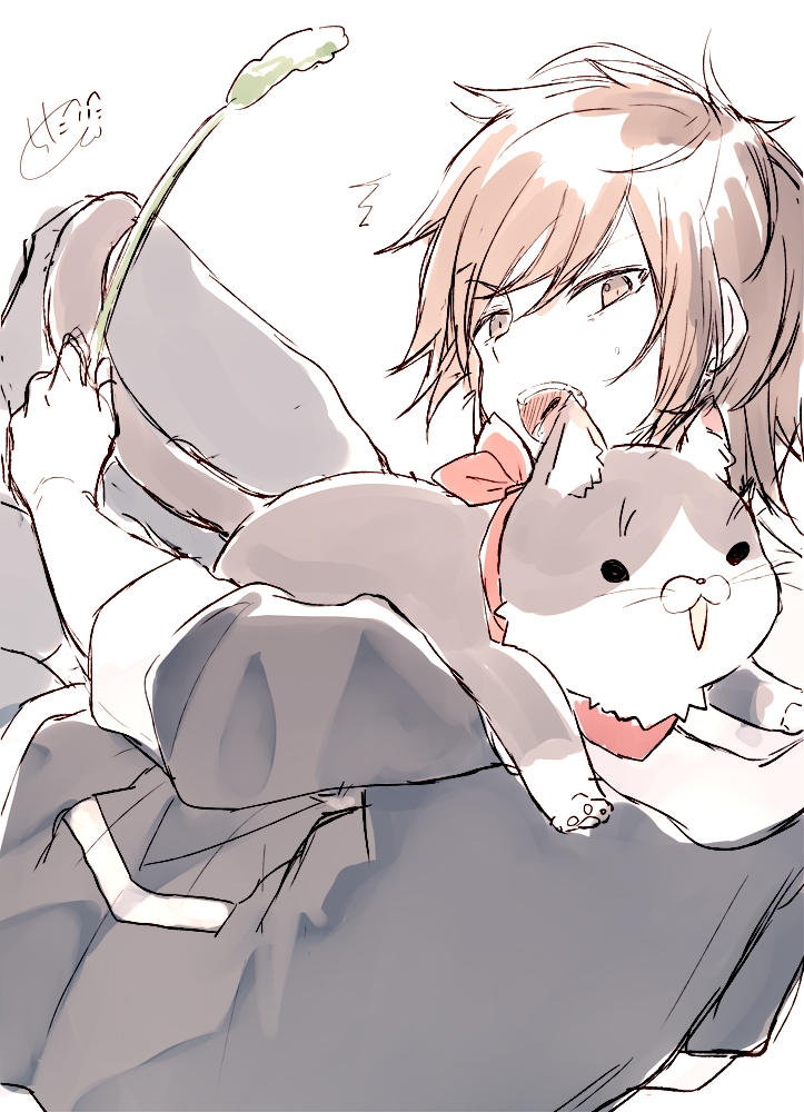 Safebooru - 1boy ^^^ animal animal ear fluff bangs black pants black shirt brown eyes brown hair ...