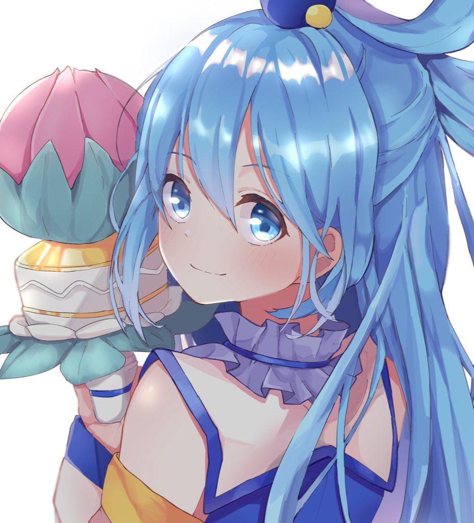 Safebooru - 1girl aqua (konosuba) blue dress blue hair blush dress hair between eyes holding ...