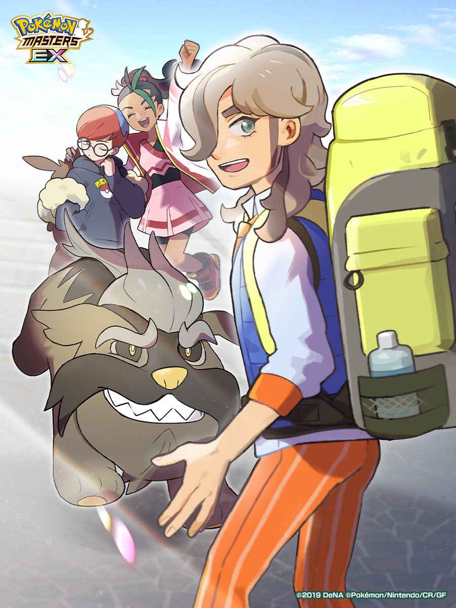 Safebooru - 1boy 2girls :d arm up arven (pokemon) backpack bag black-framed eyewear blue vest ...