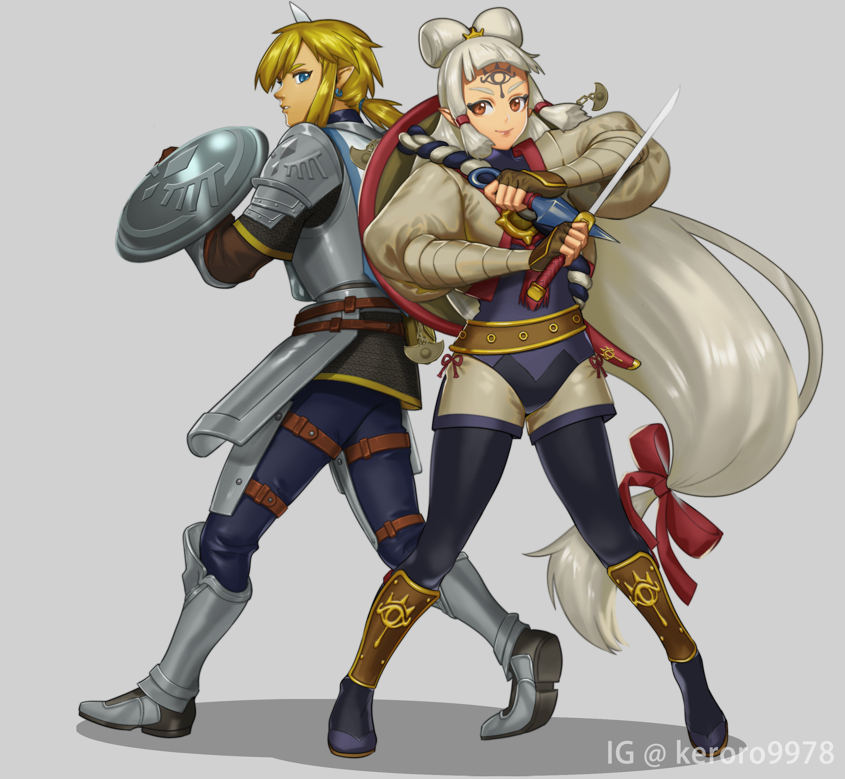 Safebooru - 1boy 1girl absurdres armor back-to-back blonde hair blue eyes bow eye symbol facial ...