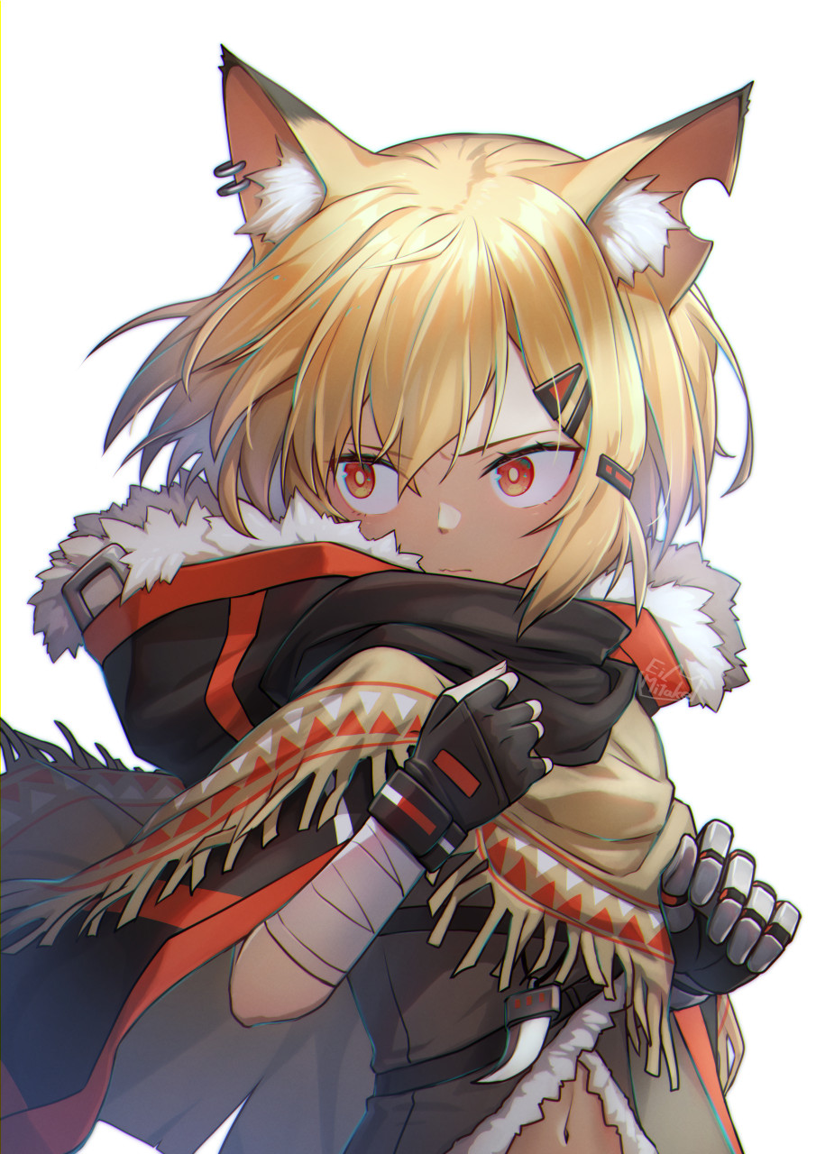 Safebooru - 1girl animal ear fluff animal ears arknights bandaged arm bandages bangs black cloak ...