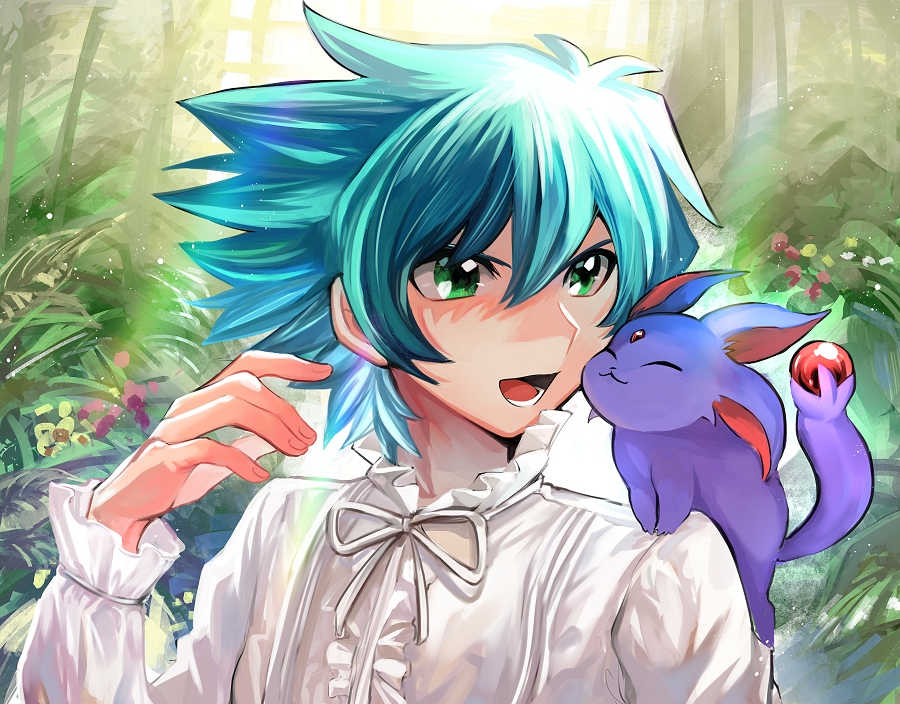 Safebooru - 1boy :3 :d blue hair creature creature on shoulder crystal ...