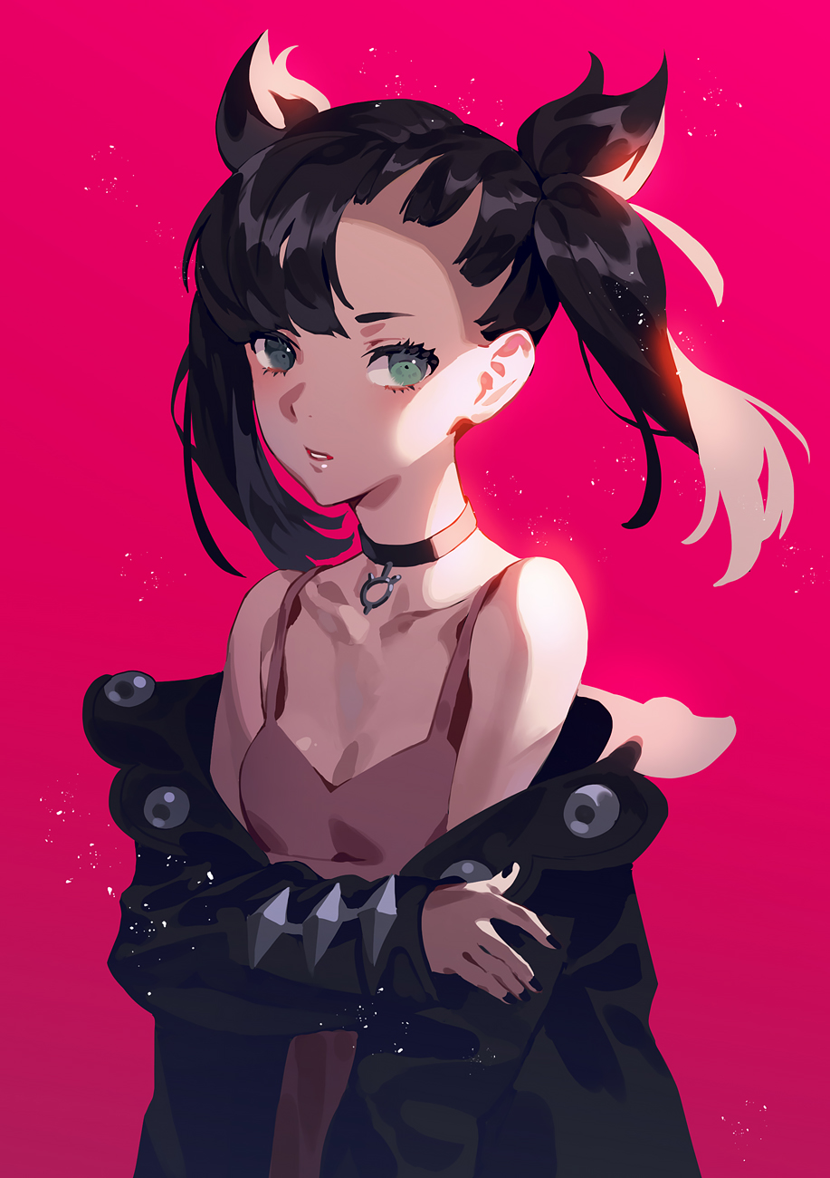 Safebooru - 1girl asymmetrical bangs bangs black choker black hair black jacket black nails ...