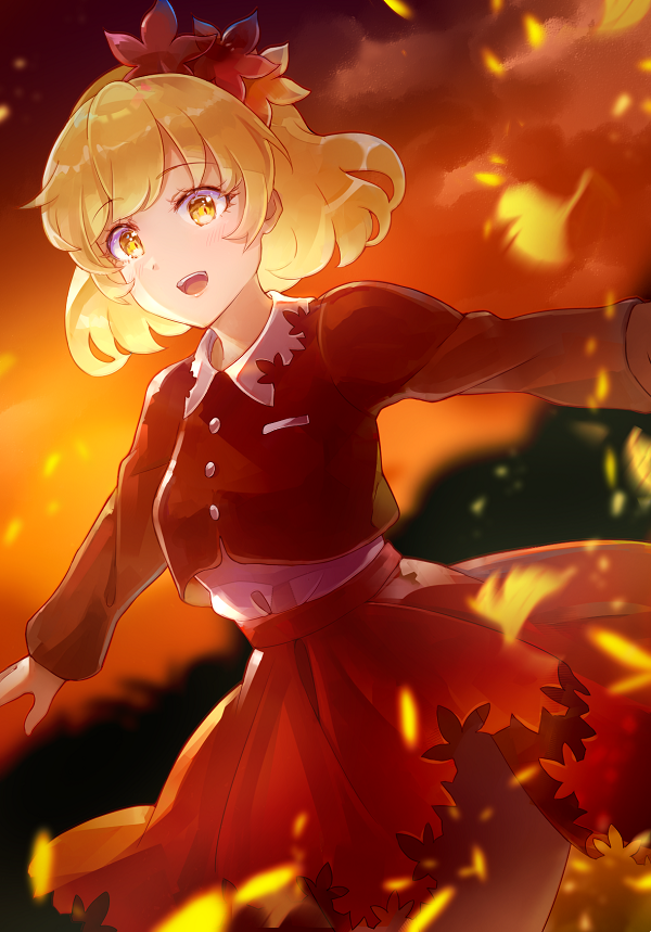 Safebooru - 1girl 60mai :d aki shizuha autumn leaves bangs blonde hair blurry blurry background ...